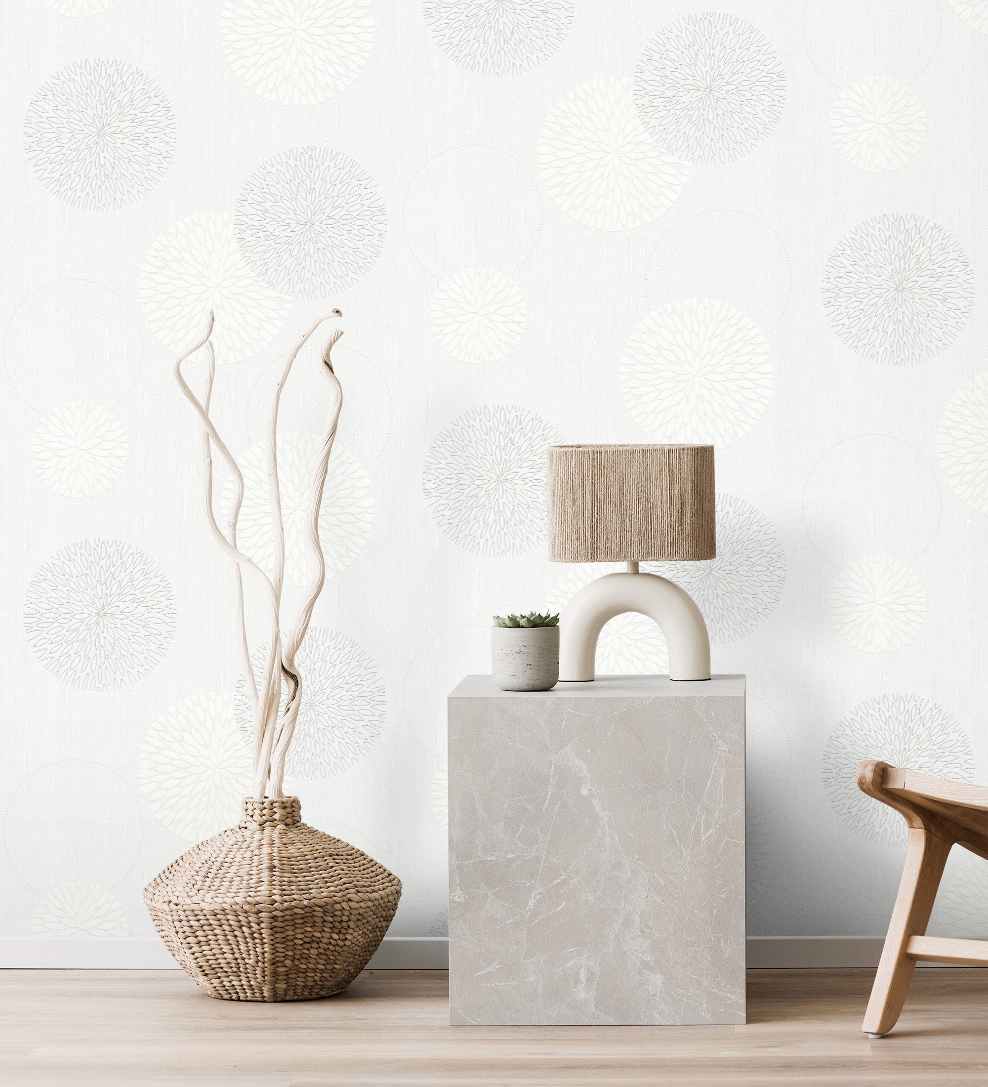 Papel pintado vinílico de círculos y flores geométricas gris claro ...