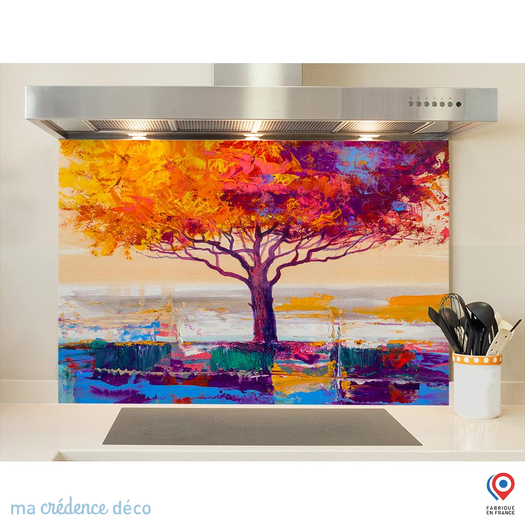 Crédence cuisine fond de hotte Arbre coloré - Verre trempé - L 90 cm x ...
