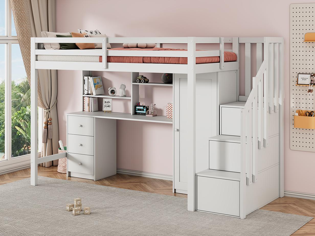 Letto soppalco in legno 90x200 cm - con scrivania, armadio e scala ...