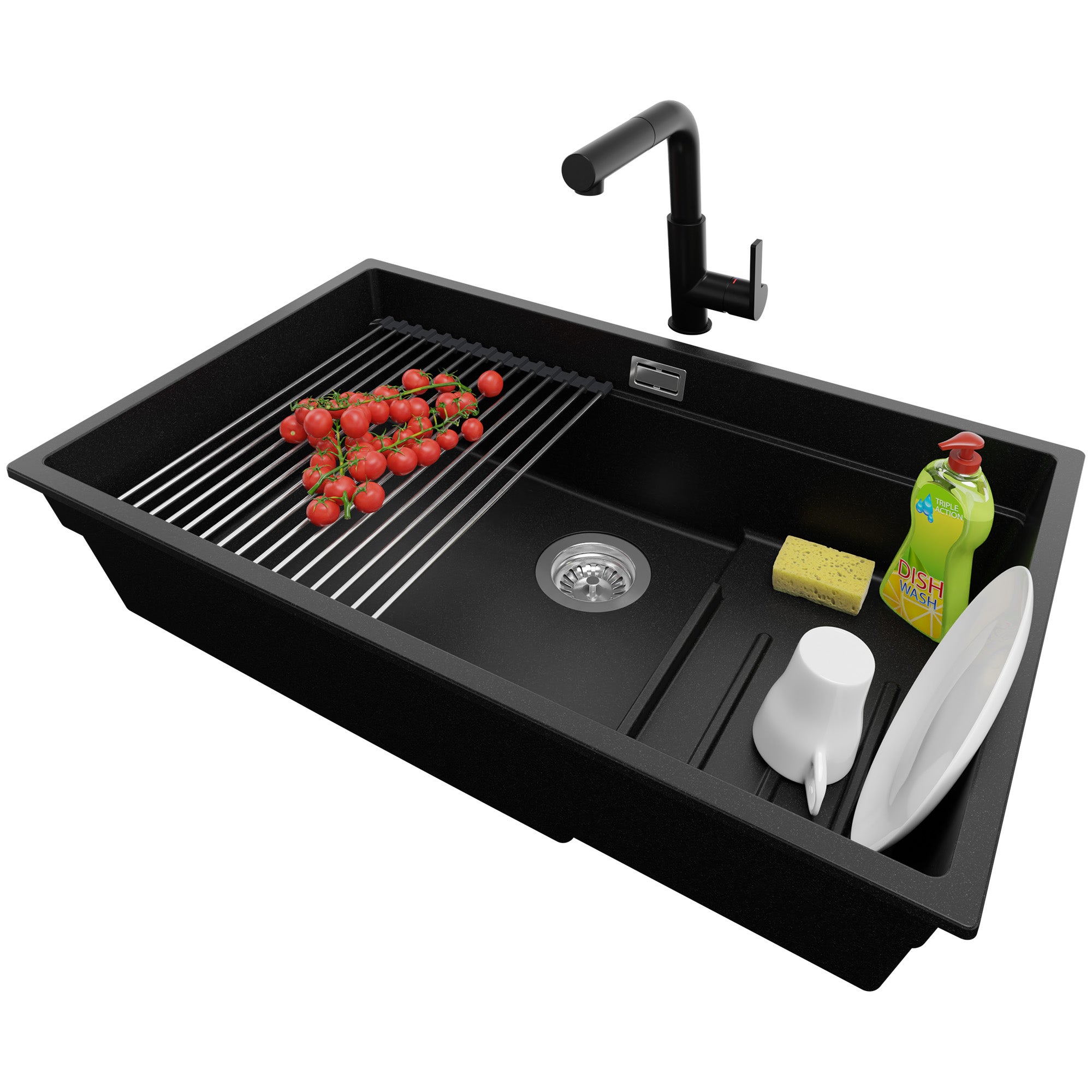 Evier Sous Plan Noir 76x47cm, Evier en Granit 1 bac + Kit de Vidage ...