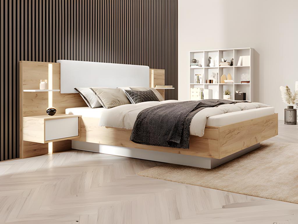 Letto con contenitore con comodini Con LED 160 x 200 cm Naturale e ...