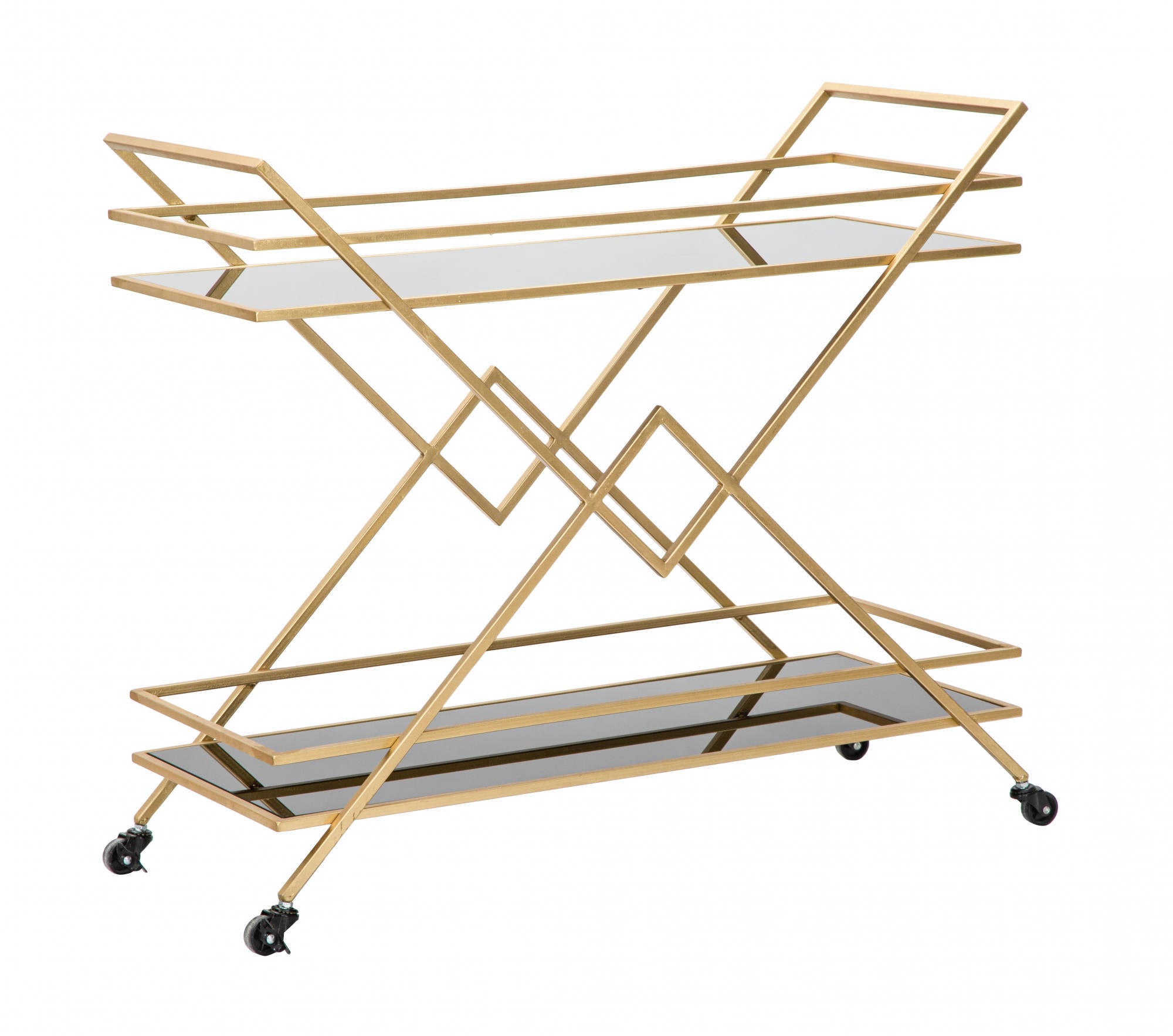 Chariot rectangulaire, en métal doré et verre trempé, avec 2 étagères ...
