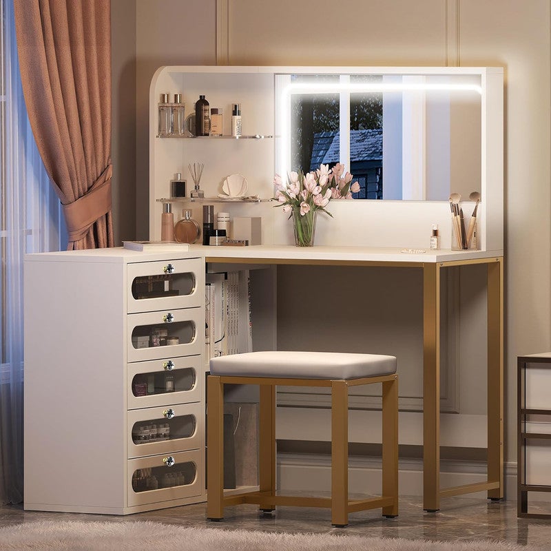 Coiffeuse avec miroir et tabouret d'angle 120x80x135 cm avec LED et ...