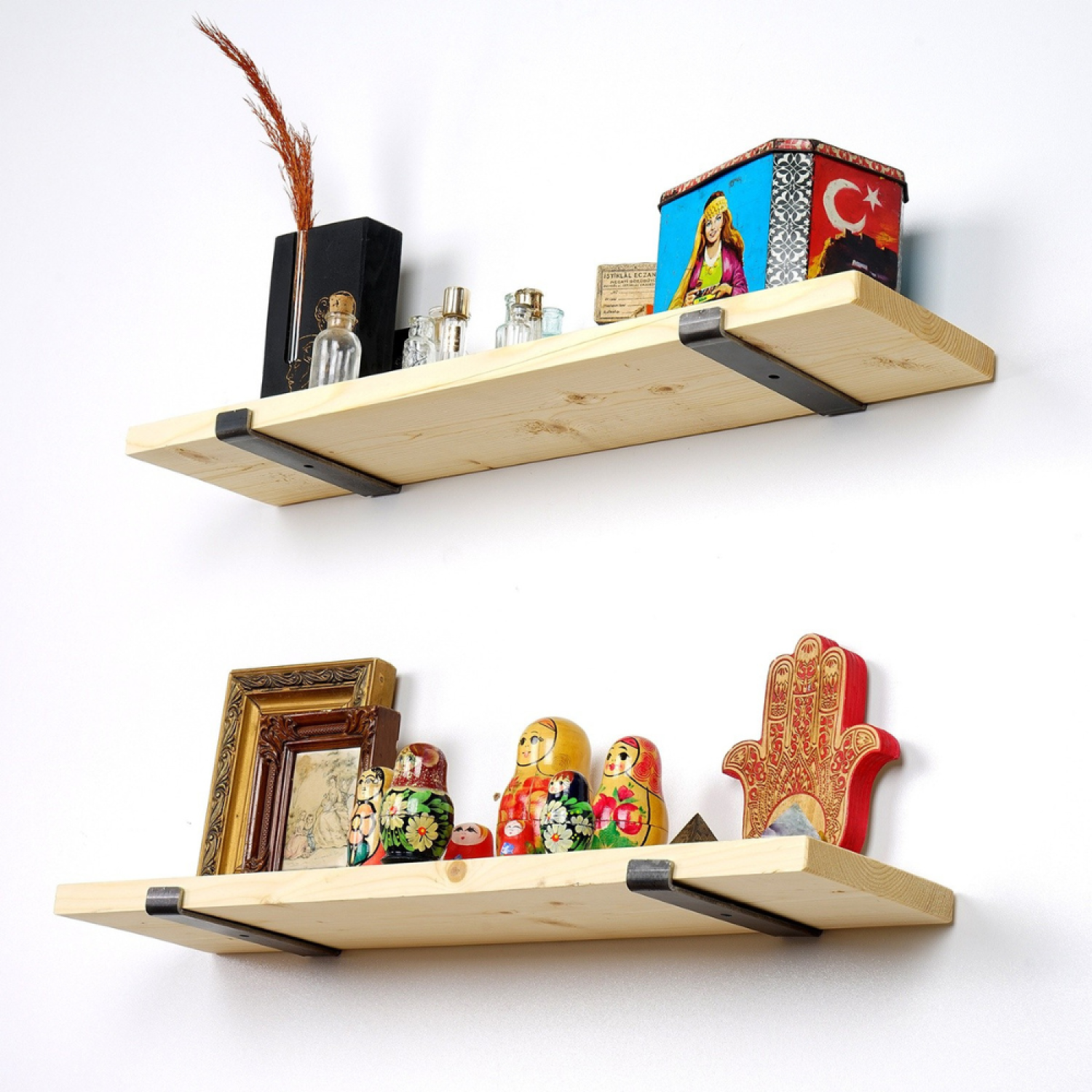 BUSSA Estantería de pared de madera de abeto y metal - 2 estantes ...