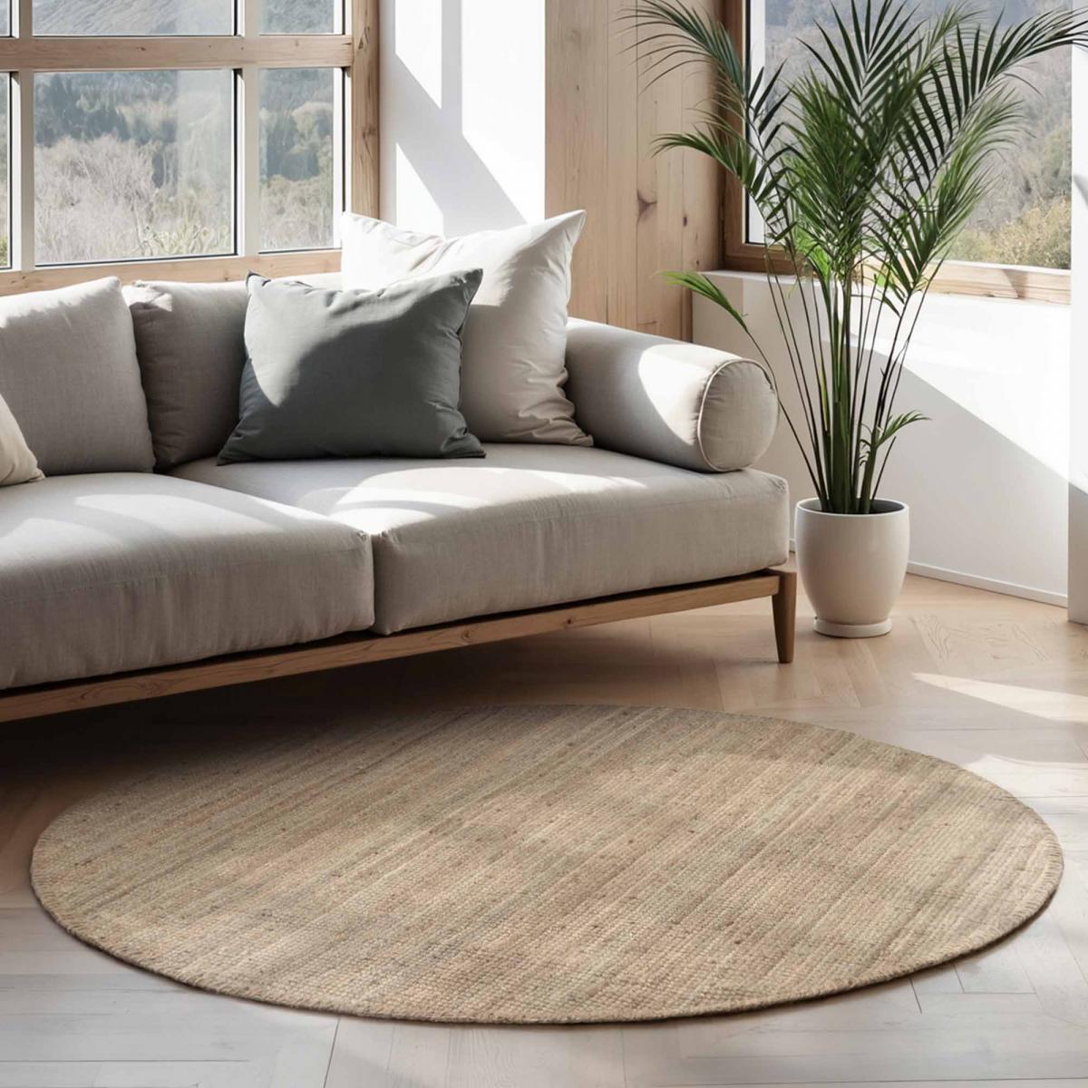 Tapis rond 160 x 160-cm, beige, forme rond, jute noble tissé à la main ...