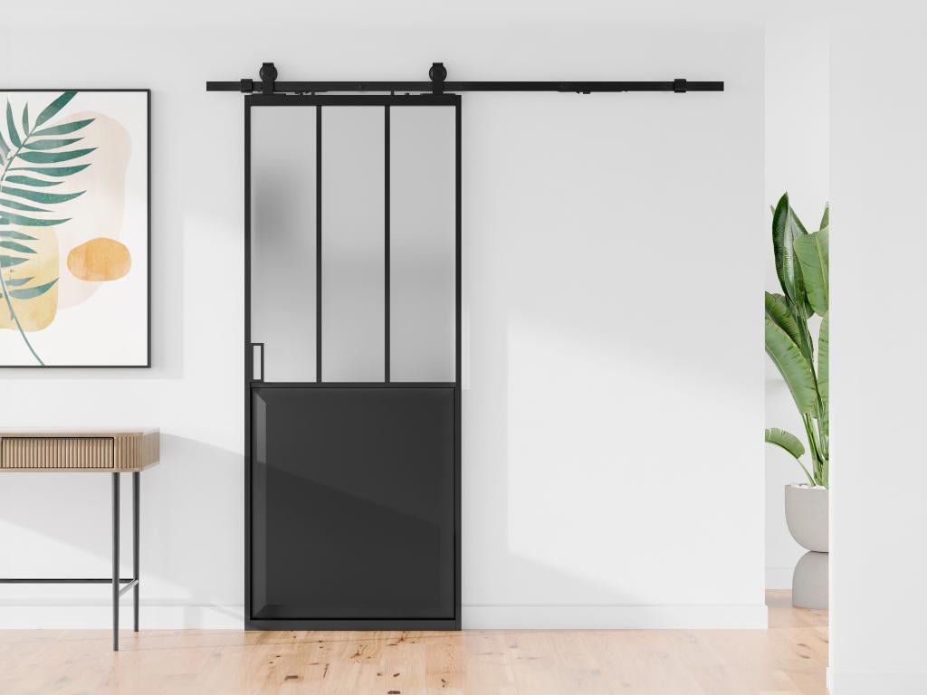 Puerta corredera estilo taller con riel - Negro y vidrio templado ...