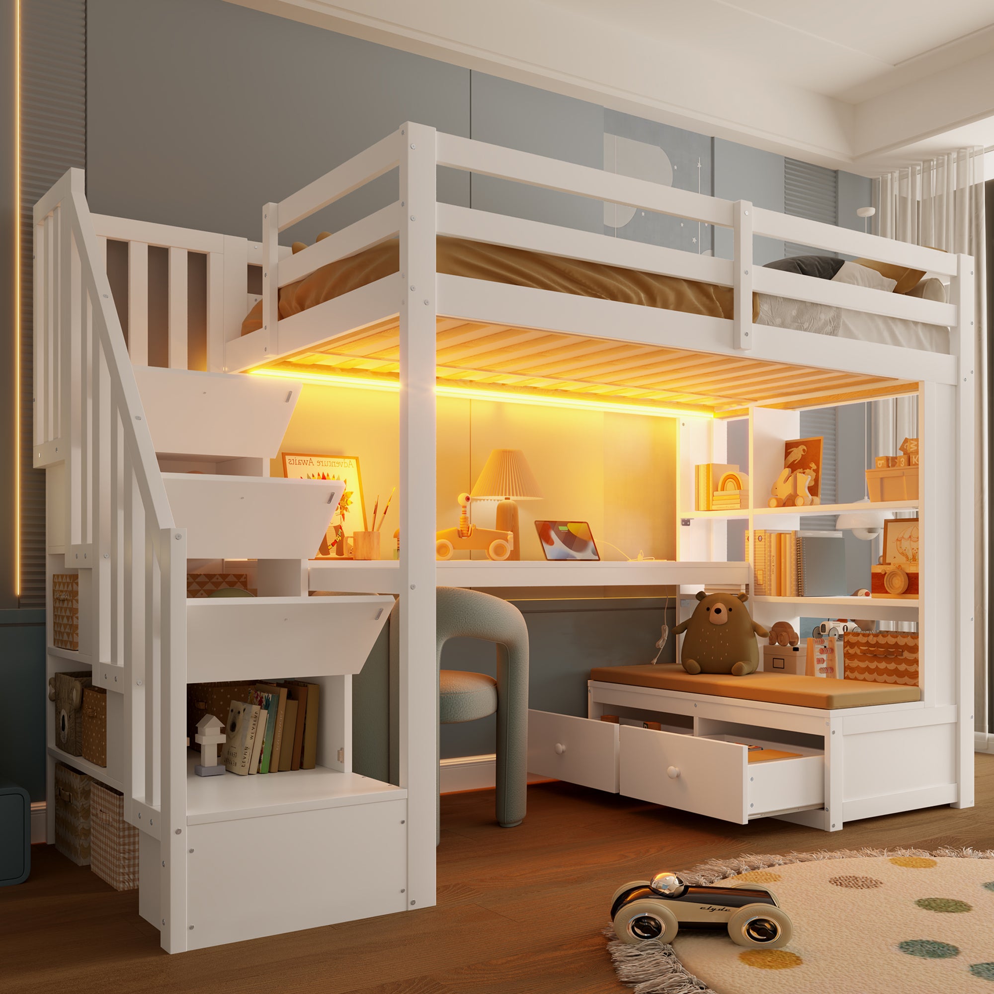 Lit mezzanine 90 x 200 cm avec bureau, Étagères et 2 tiroirs, lit ...