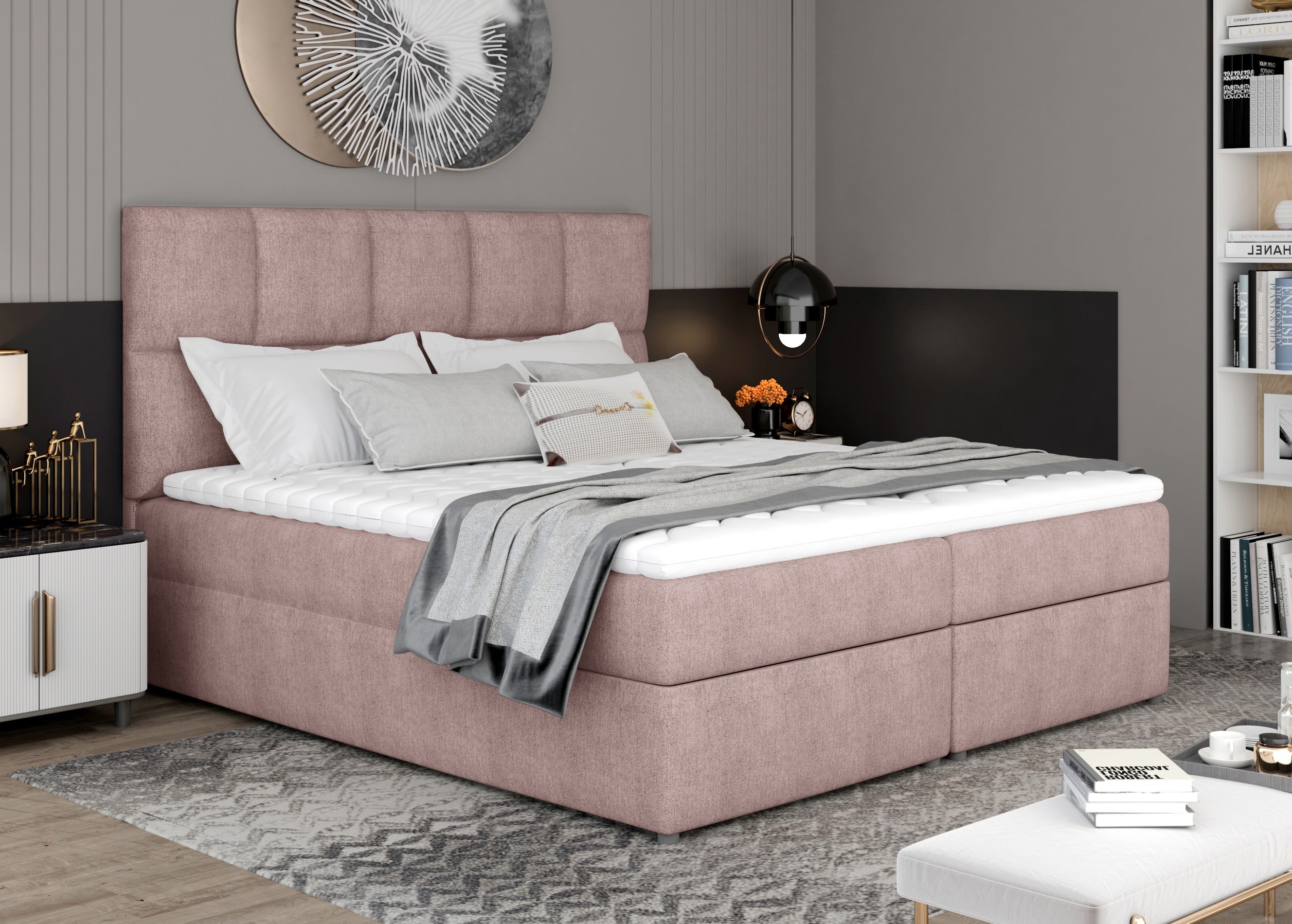 Lit boxspring tissu rose clair avec matelas et surmatelas Lizen-180x200 ...