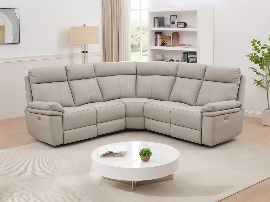 Canapé d'angle relax électrique en cuir gris clair MESOLA | Leroy Merlin