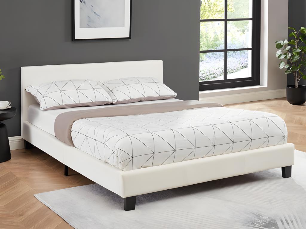 Cama 140 x 190 cm - Piel sintética - Blanco + colchón - CORNELIUS II ...