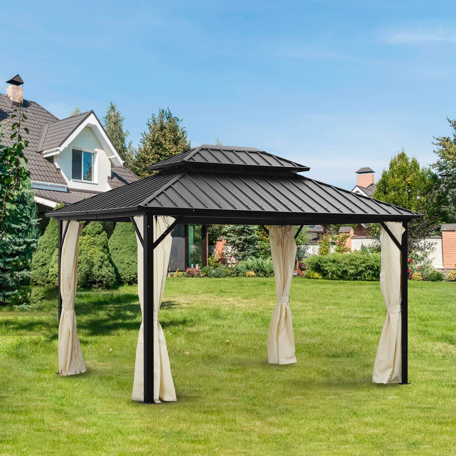 Tonnelle de jardin 3X3,65 Aluminium + toit en acier galvanisé + rideaux ...