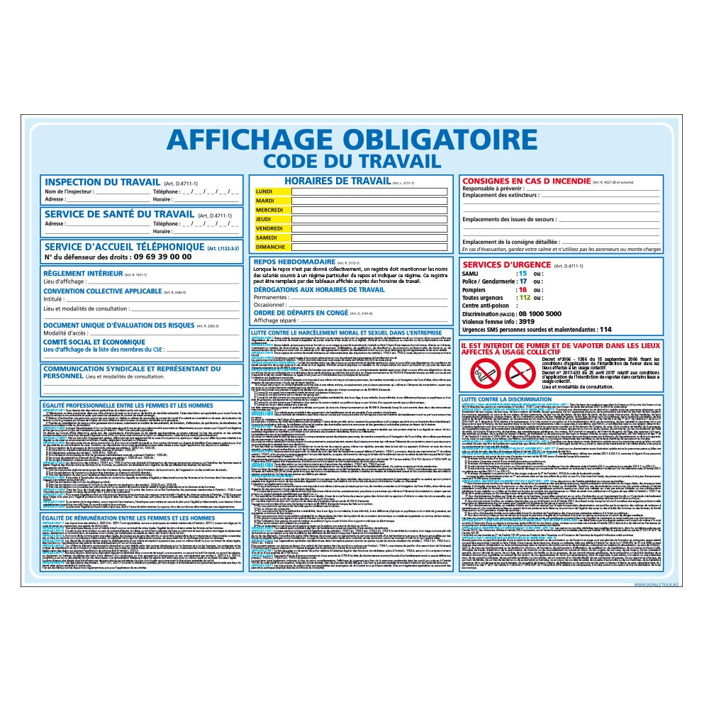 PANNEAU AFFICHAGE OBLIGATOIRE CODE DU TRAVAIL (A0660) 420 x 300 mm ...