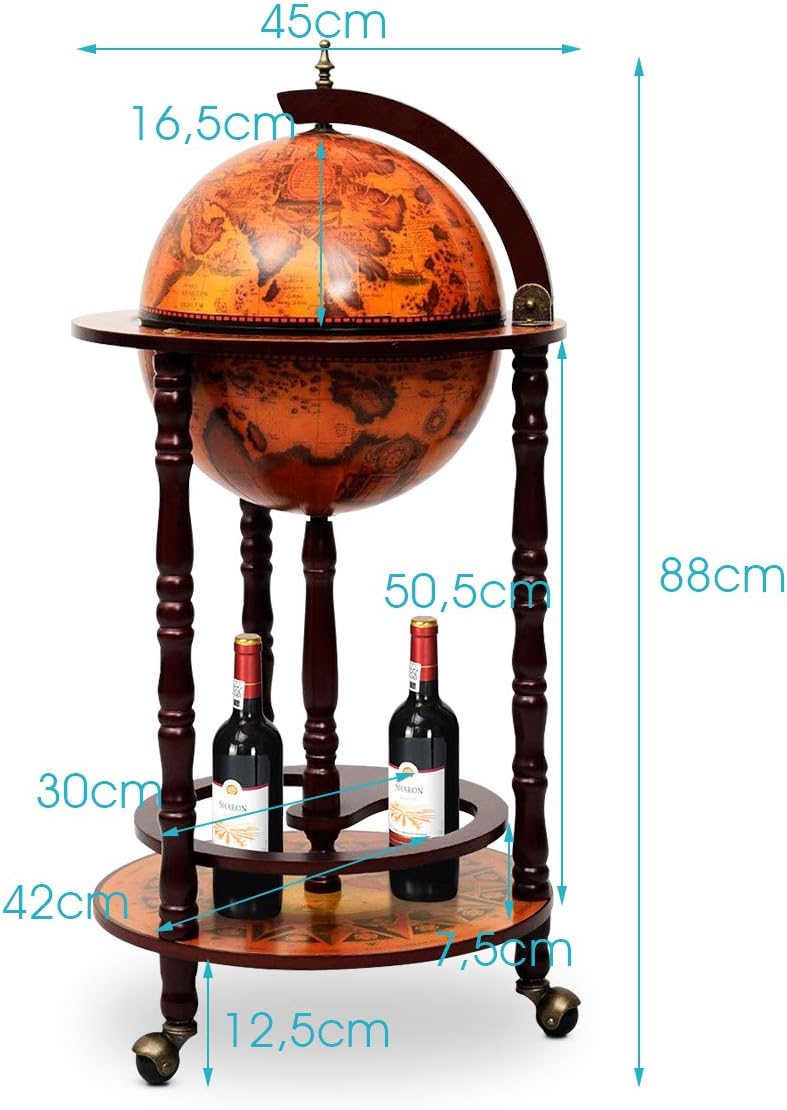 Bar Globe Terrestre avec 3 Roues-Porte Bouteilles en Bois-Mini Bar ...