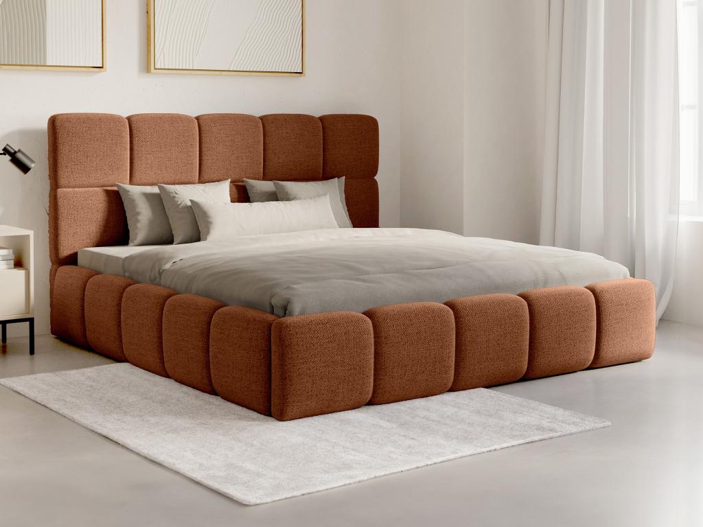 Lit coffre 140 x 190 cm - Tissu texturé - Terracotta + Matelas - DAMADO ...