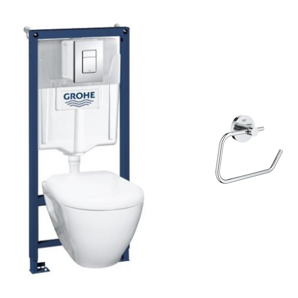 WC suspendu compact SEREL + bâti support GROHE + abattant + plaque ...
