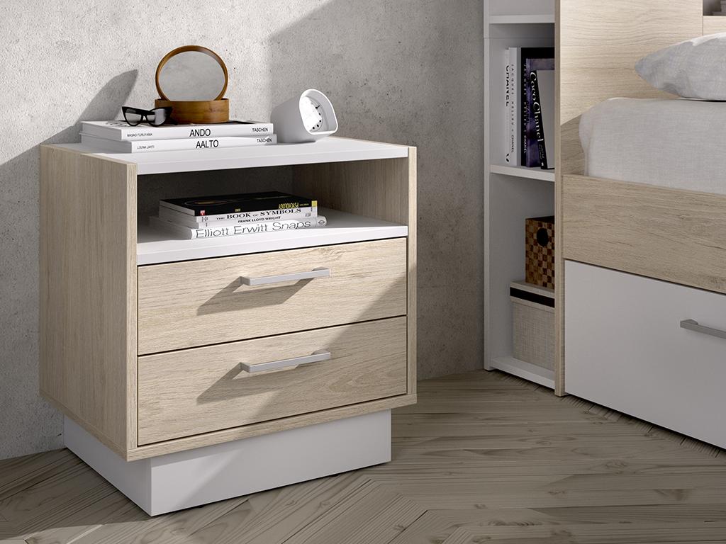 Table de chevet 2 tiroirs et 1 niche - Coloris : Naturel et blanc ...