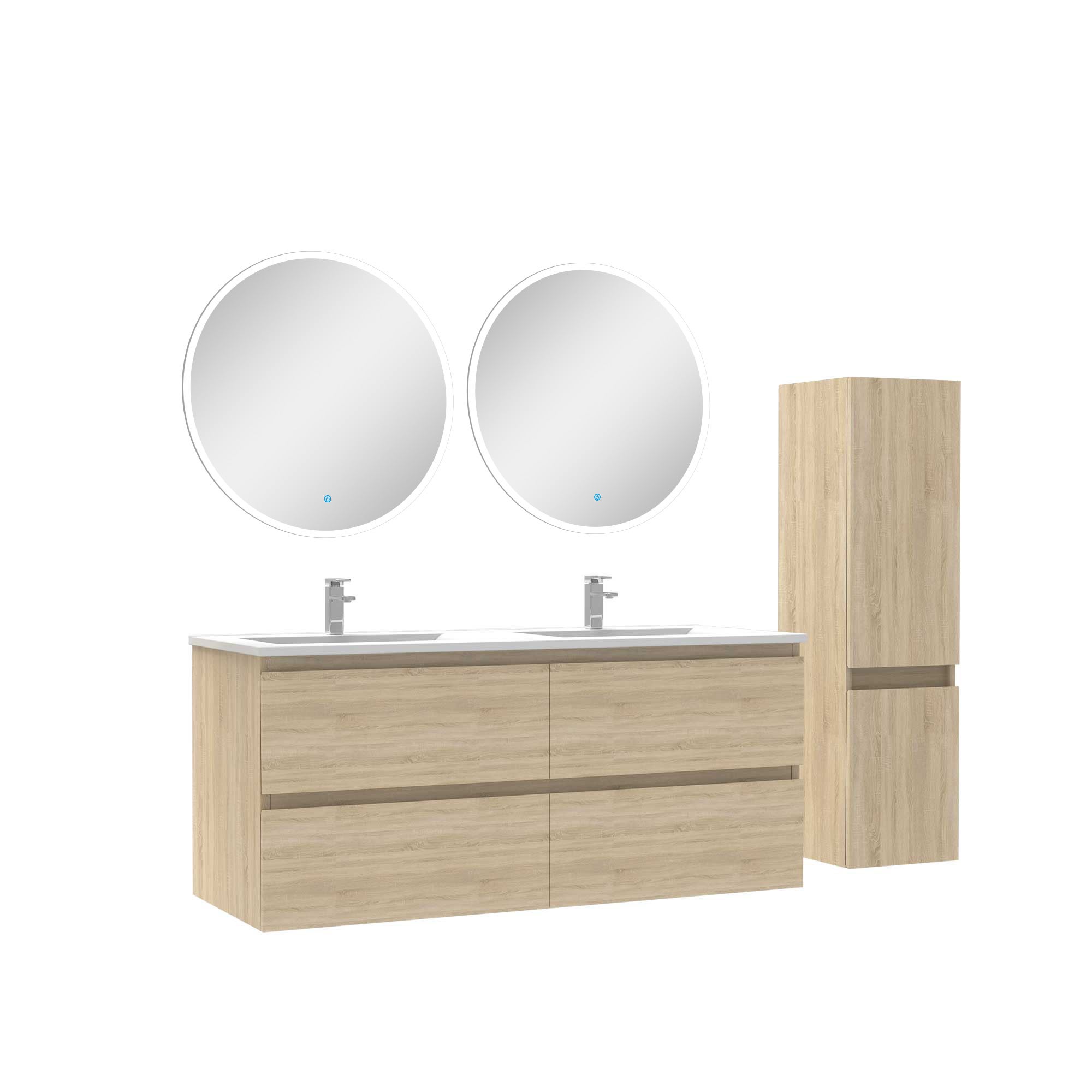 Ensemble meubles Salle de Bain 120cm vasque + colonne + miroir rond lumineux Chêne Wotan - OCEAN ...