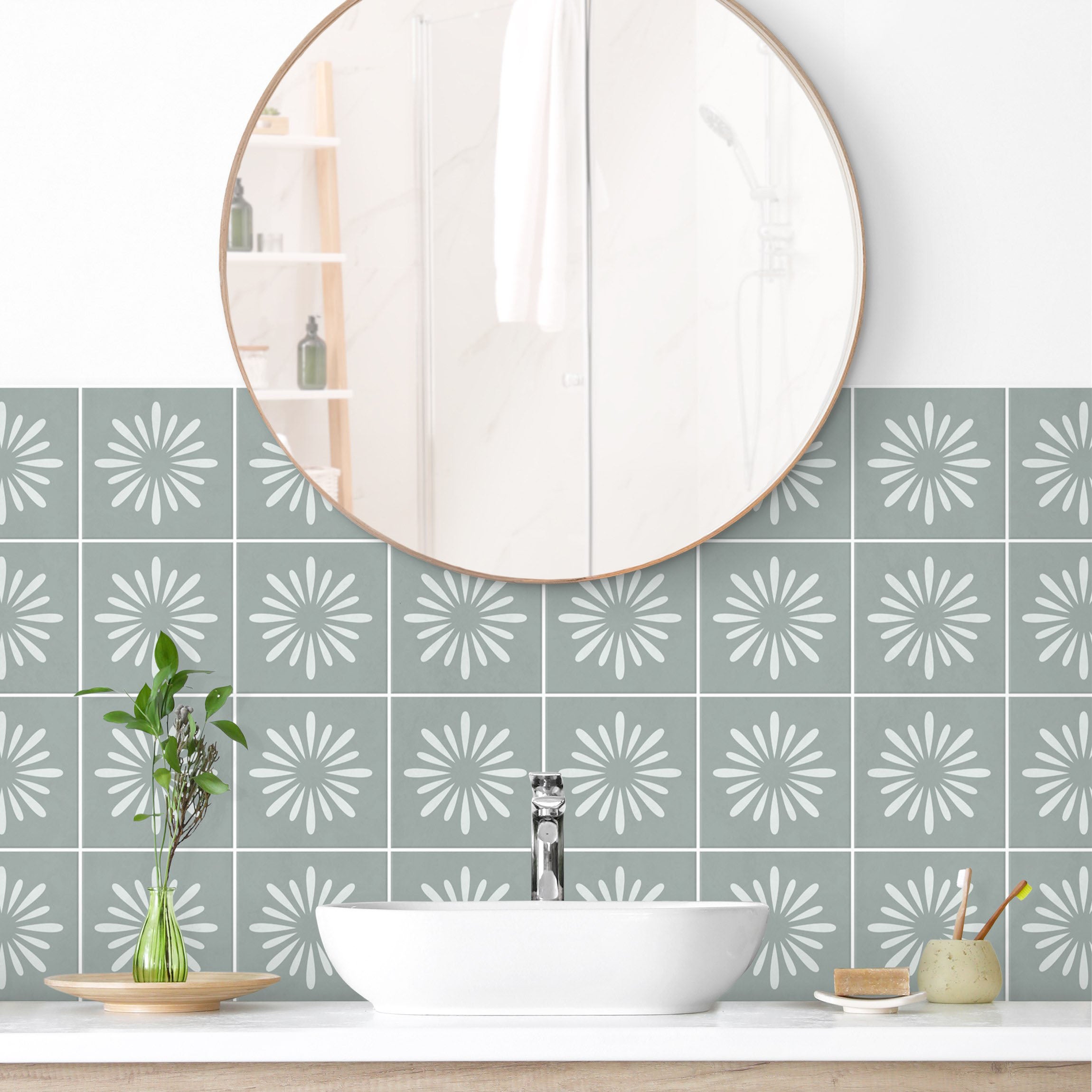 Revestimiento de pared para baño - Tiles with Flowers Eucalyptus 100 x ...