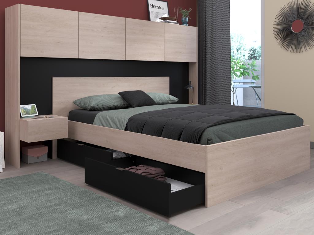 Lit 160 x 200 cm avec rangements et chevets - Coloris : Naturel et noir ...