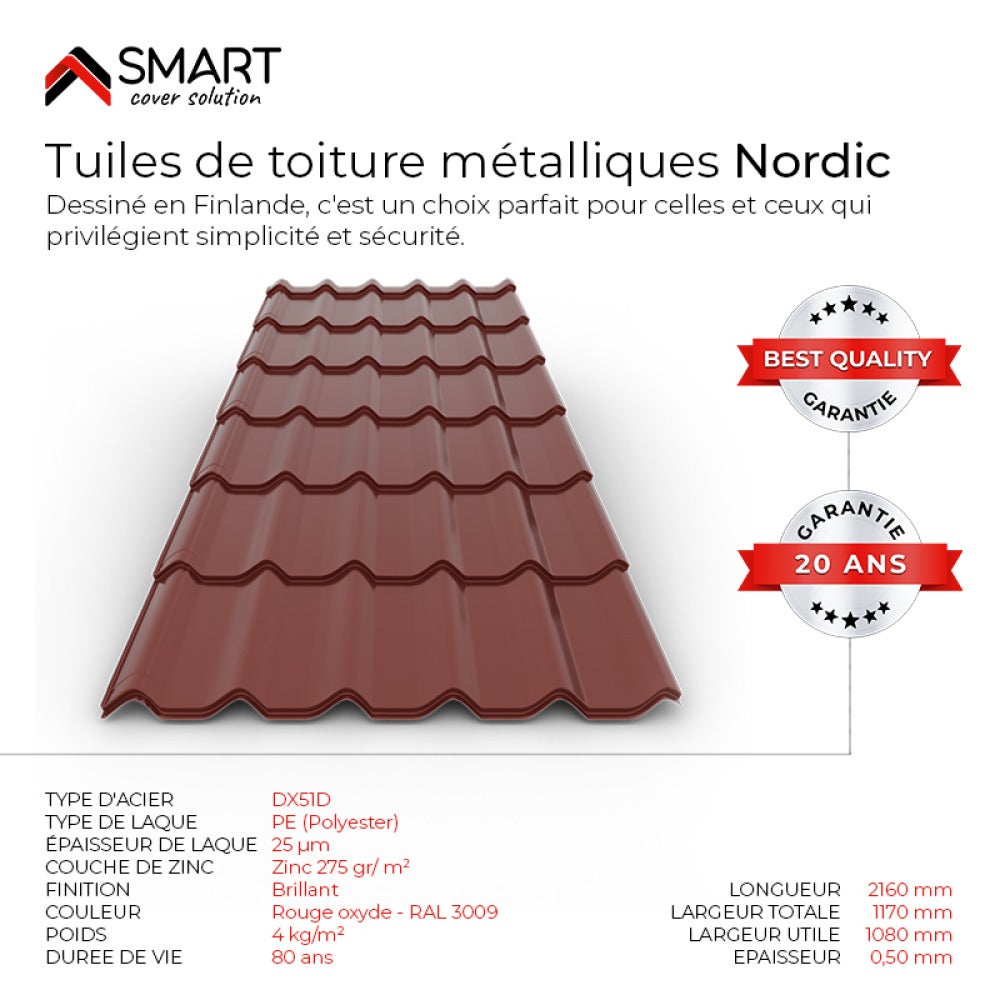 Tuile de toiture métallique NORDIC Coloris Rouge Oxyde RAL 3009 ...