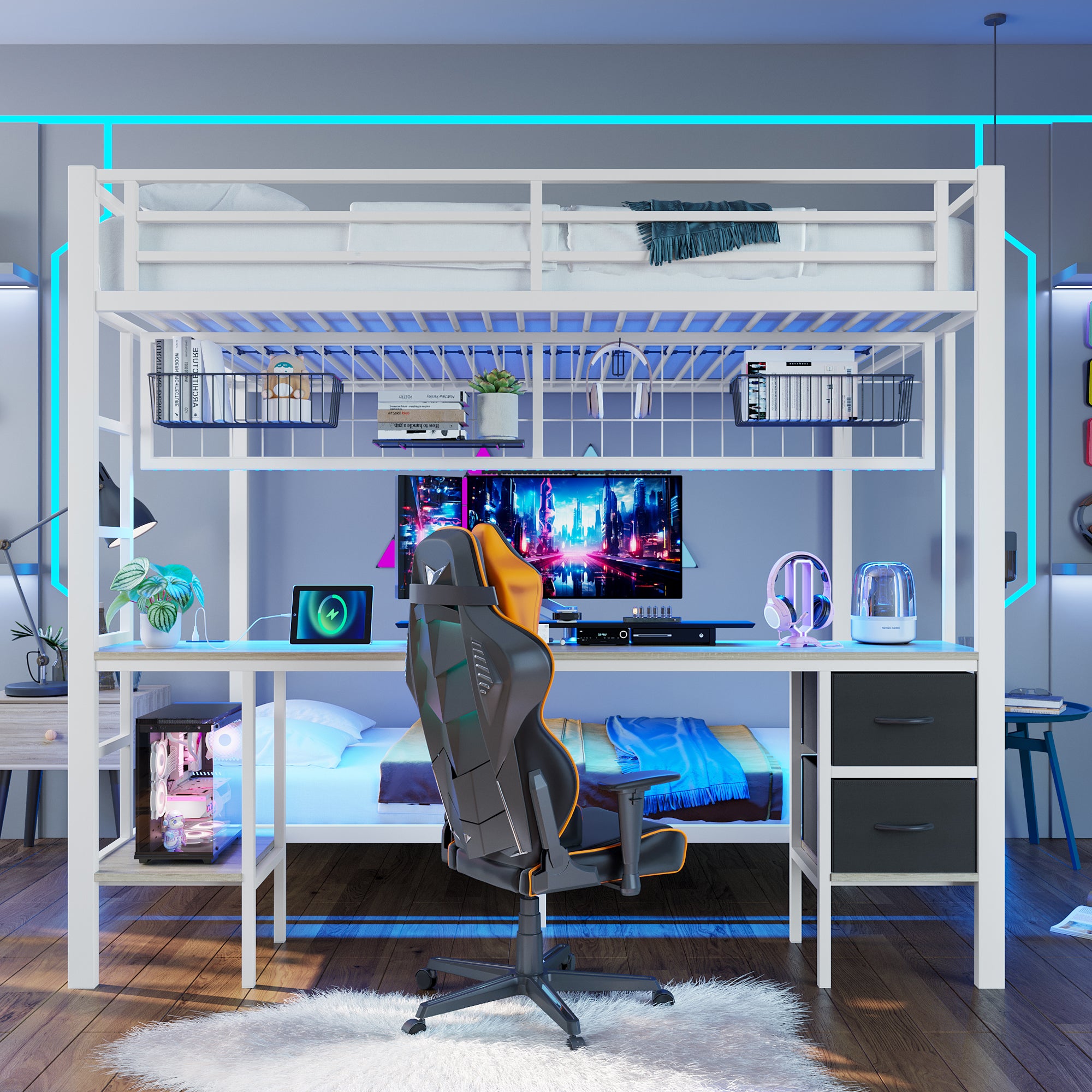 Cama litera 140 x 200 cm - con cajón - con escritorio - con iluminación ...