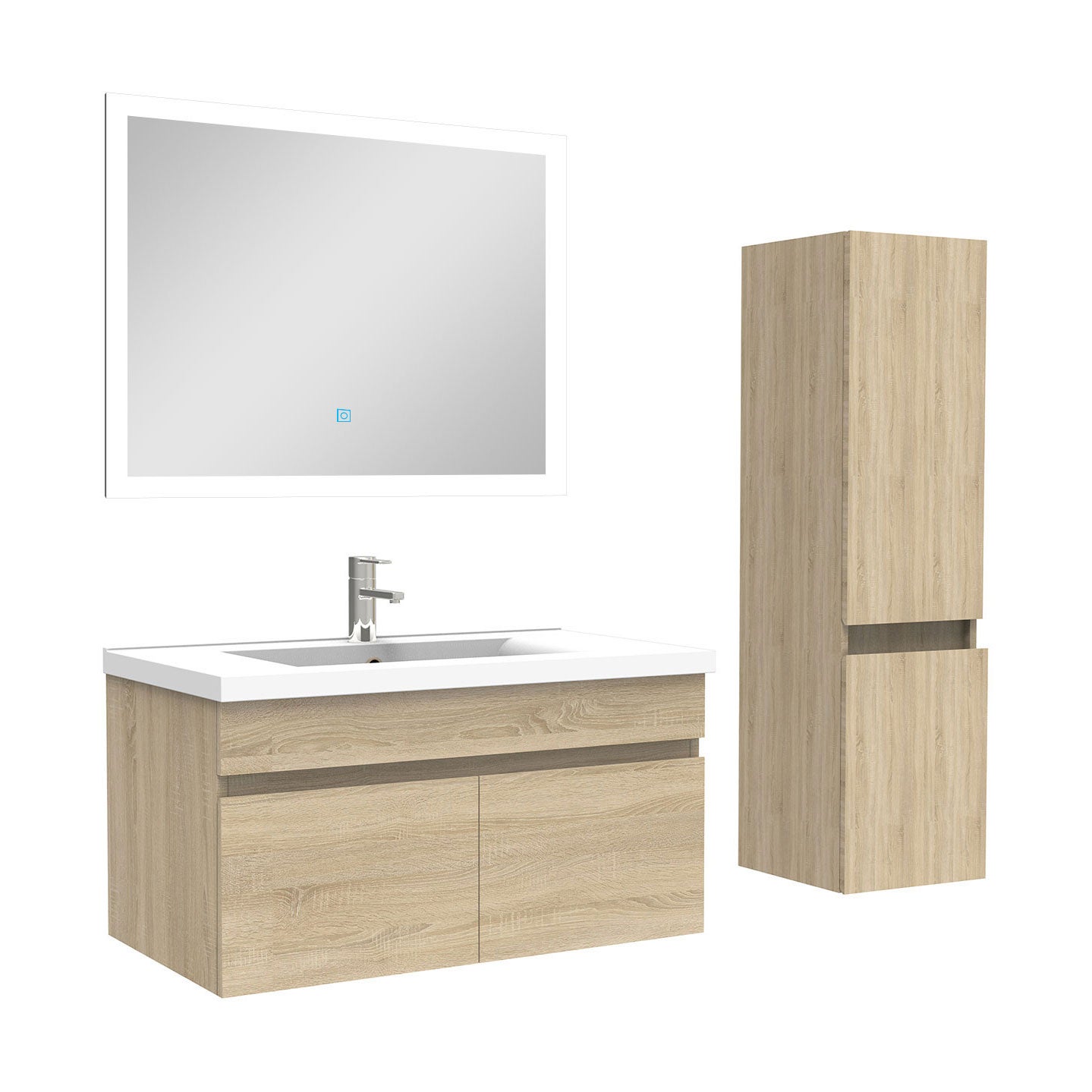 Ensemble Salle De Bain simple vasque avec colonne et miroir 80cm meuble Chêne Wotan, Ocean ...