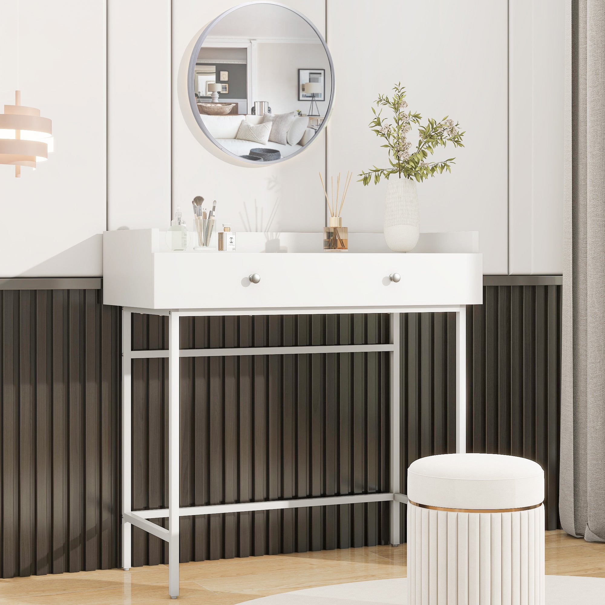 Commode blanche de style minimaliste avec miroir et 1 tiroir, 4 pieds ...