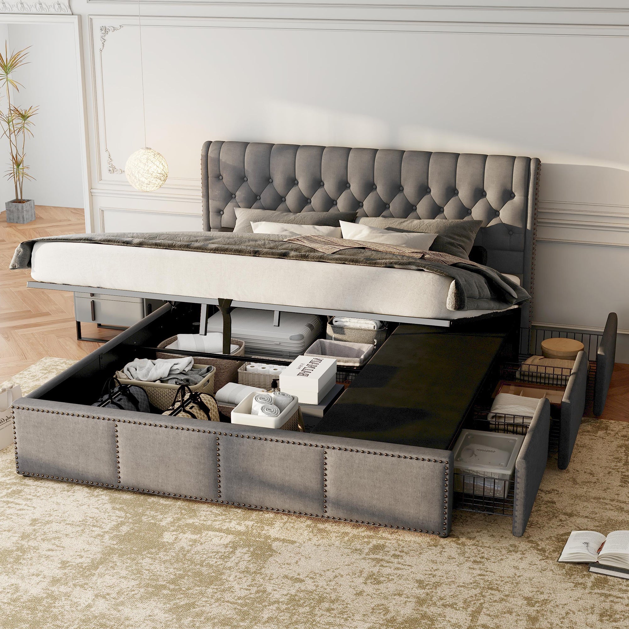 Cama con canapé 160 x 200 cm con cabecero y 3 cajones - Decoración ...