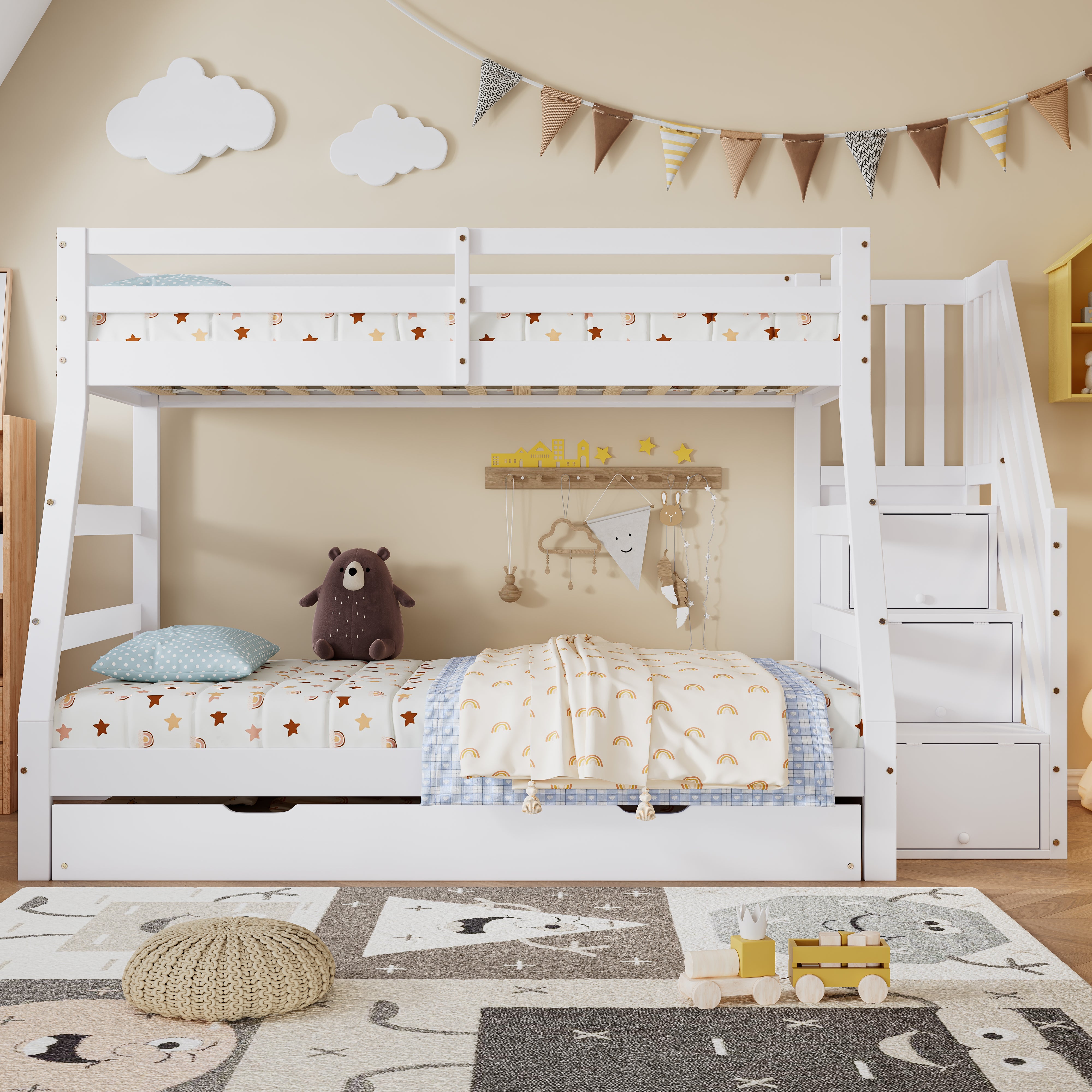 Lit à étages 90/120x200cm + Rollbett 90x190cm - Garde-corps 4 côtés ...