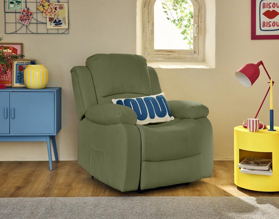 Fauteuil relax électrique en velours côtelé vert - ARMAND - Best ...