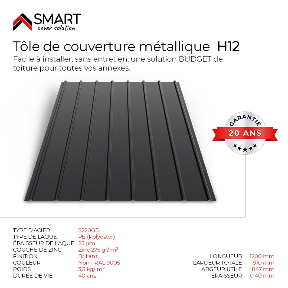 Tôle bac acier - Toiture - Couverture - plaque H12 Coloris Noir Brillant RAL 9005 Dimensions ...