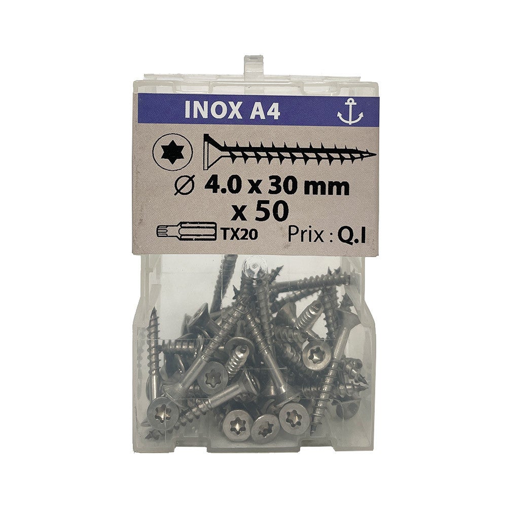 Boite 50 vis agglo 4 x 30mm tête fraisée Torx filetage total inox ...