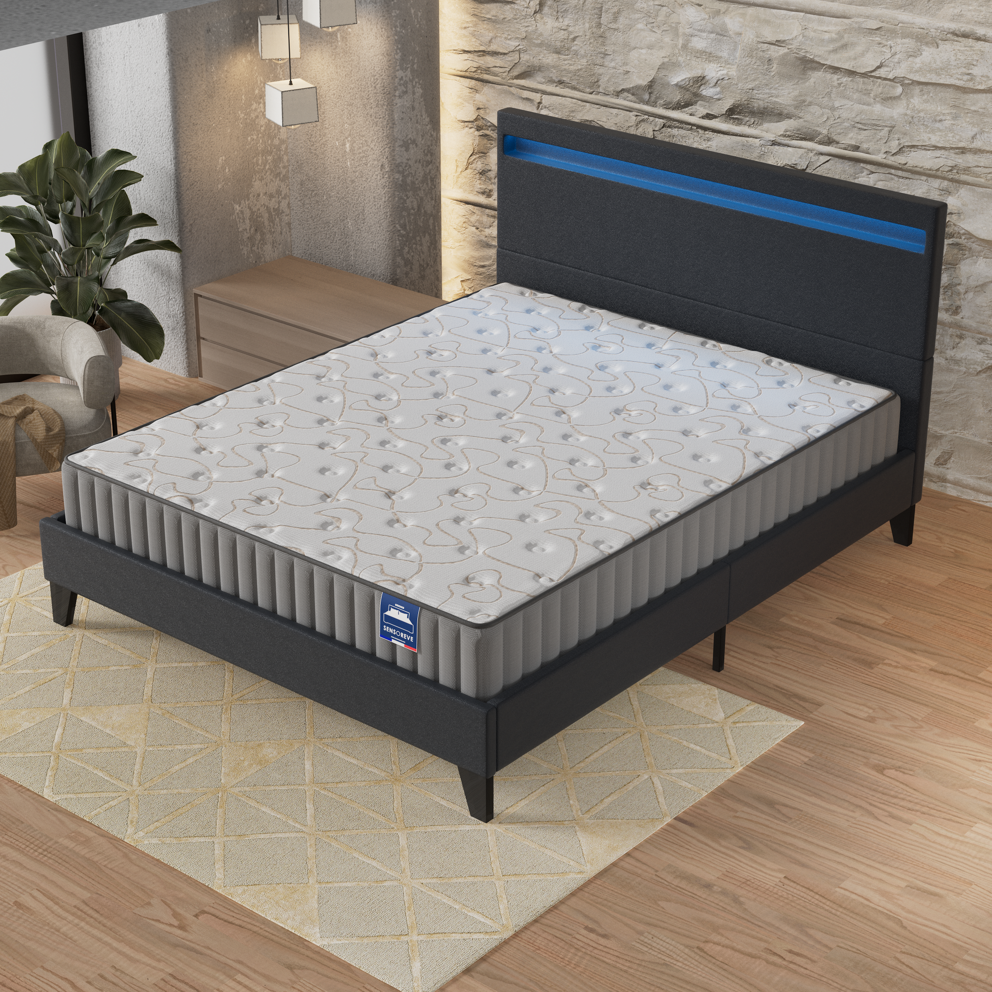 Ensemble 140x200cm-Matelas mémoire de forme + Lit avec tête de lit et ...