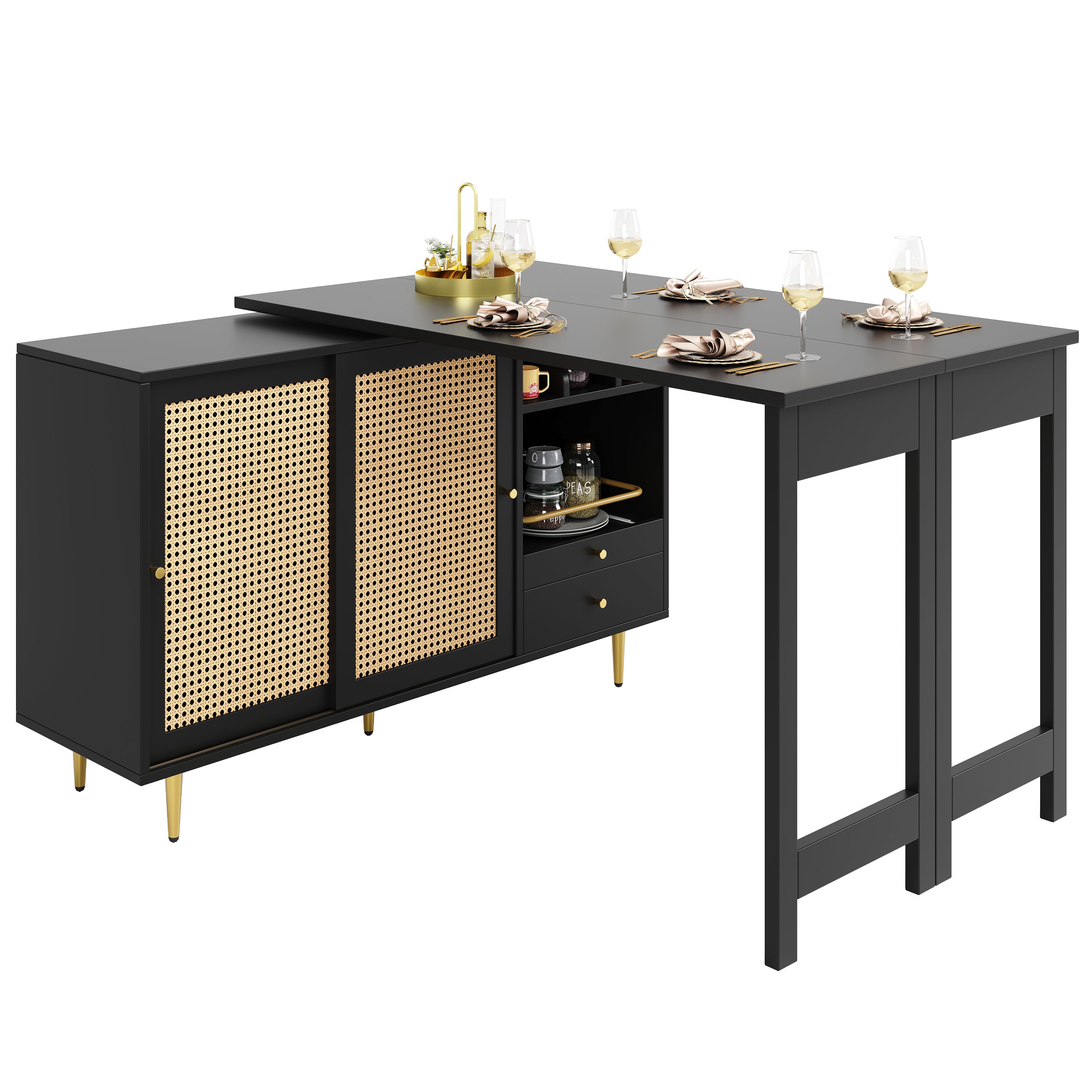 Mueble bar giratorio 107x40x71.4cm extensible 360° puerta ratán estante ...
