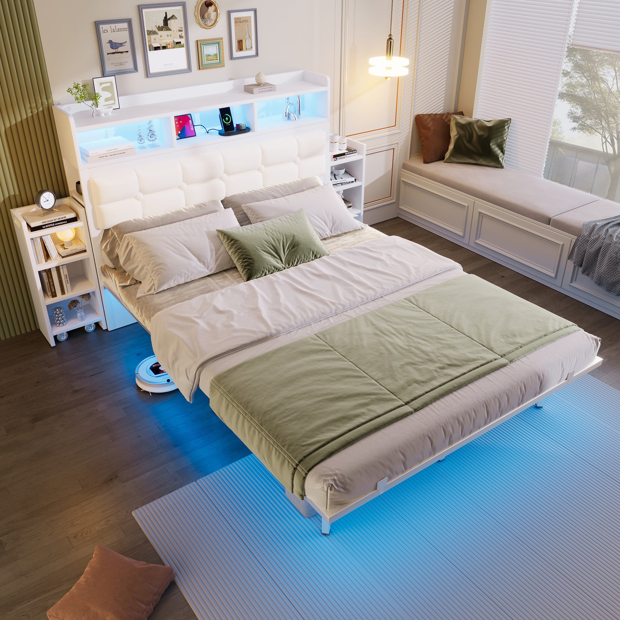 Lit adulte lit double 140x200 cm vec 2 tables de chevet escamotables ...