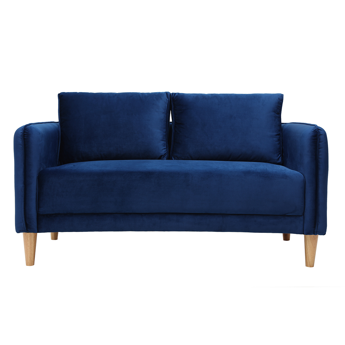 Canapé 2 places en tissu velours bleu foncé et bois clair KURT | Leroy ...