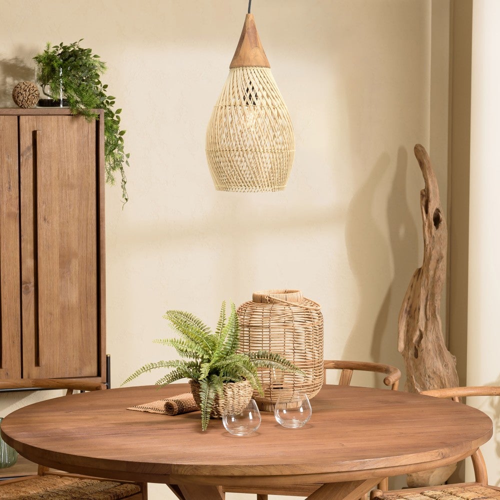 SIXTINE - Suspension 'goutte' 25x25cm bois de teck et rotin naturelle ...