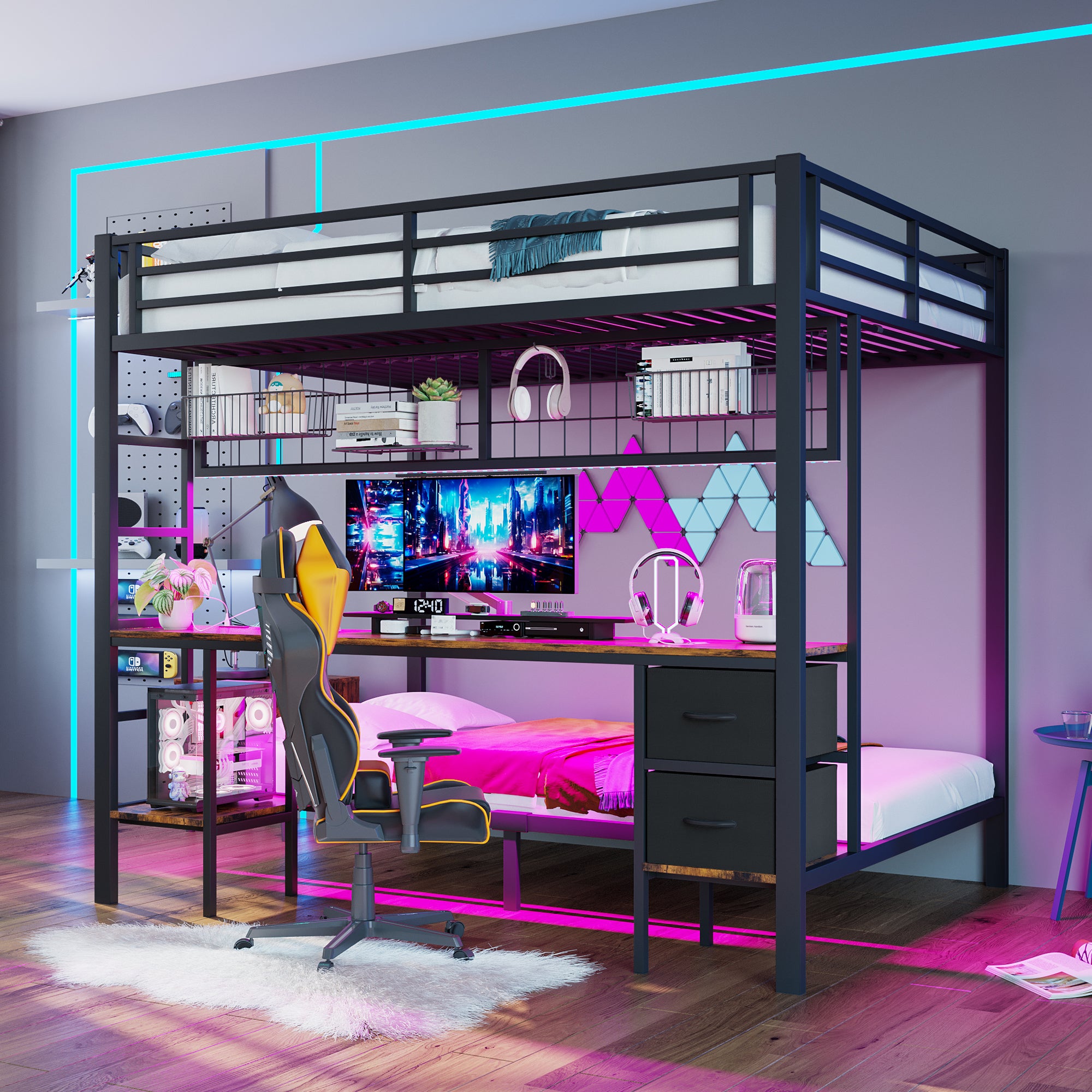 Lit superposés 140 x 200 cm + 90 x 200 cm avec bureau, grille et 2 ...