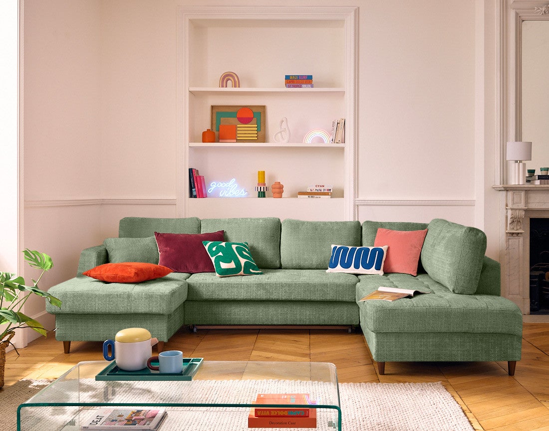 Canapé panoramique angle droit 7 places convertible en velours texturé ...