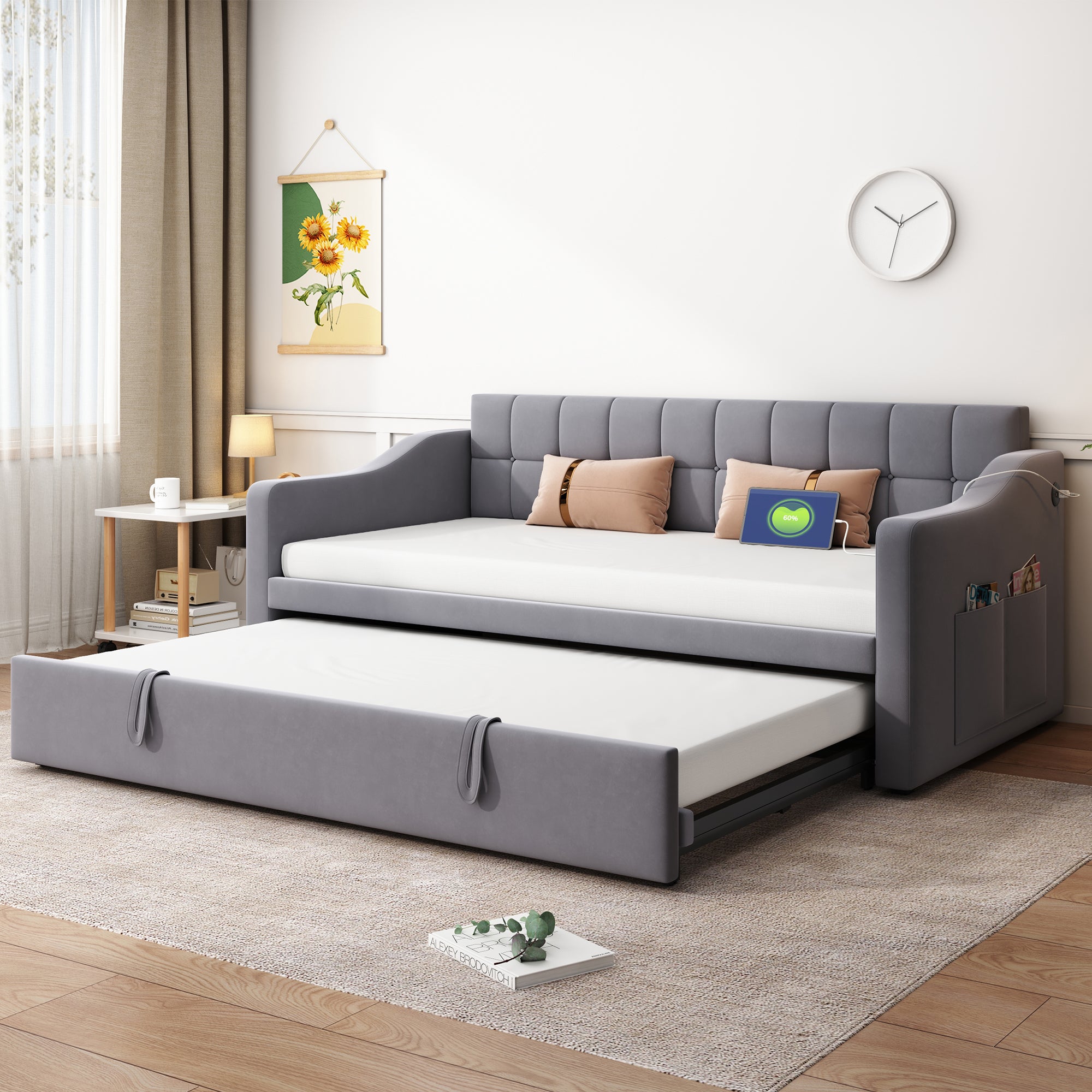 Lit banquette extensible 90x190 à 180x190, USB, poche rangement ...