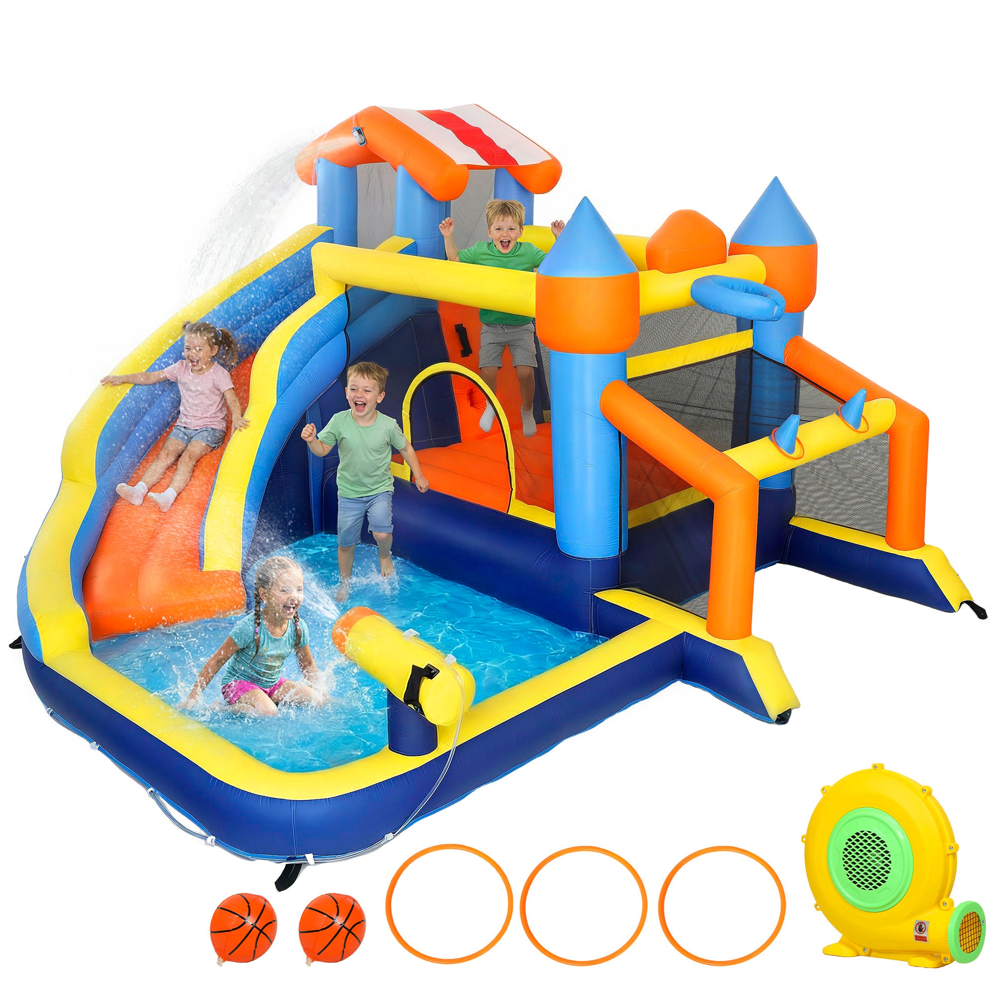 Trampoline gonflable avec souffleur 8 en 1, parc aquatique, toboggan ...