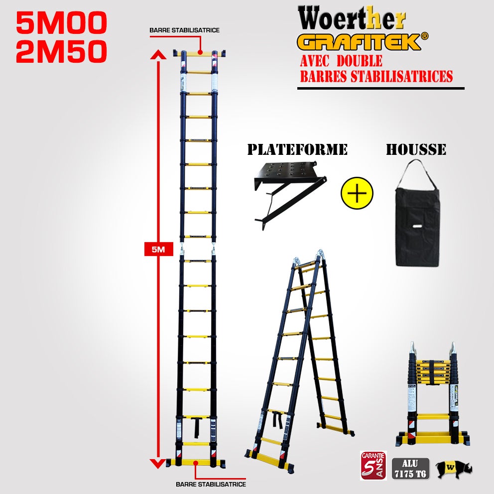 Echelle-escabeau télescopique Woerther 5m/2m50 avec double barres ...