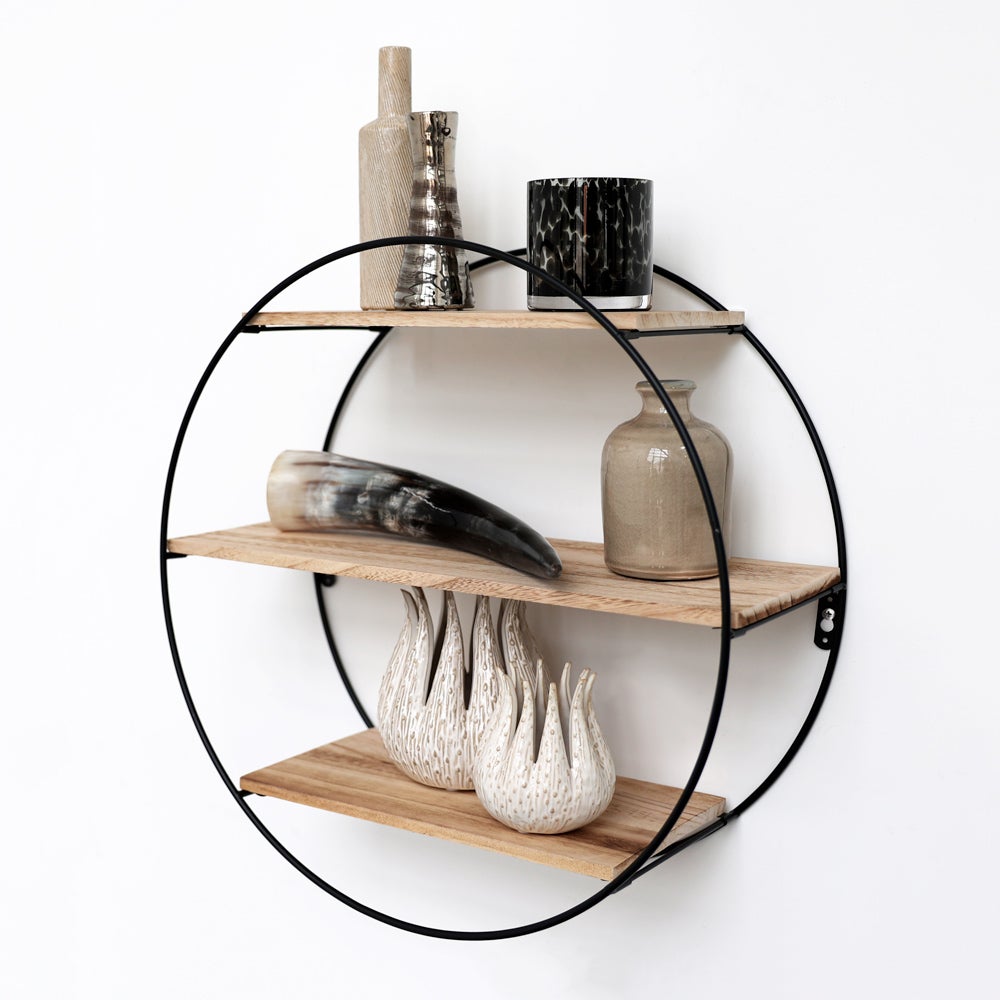 Etagère murale en métal noir - 3 planches en bois - Ronde - 50x19 cm ...
