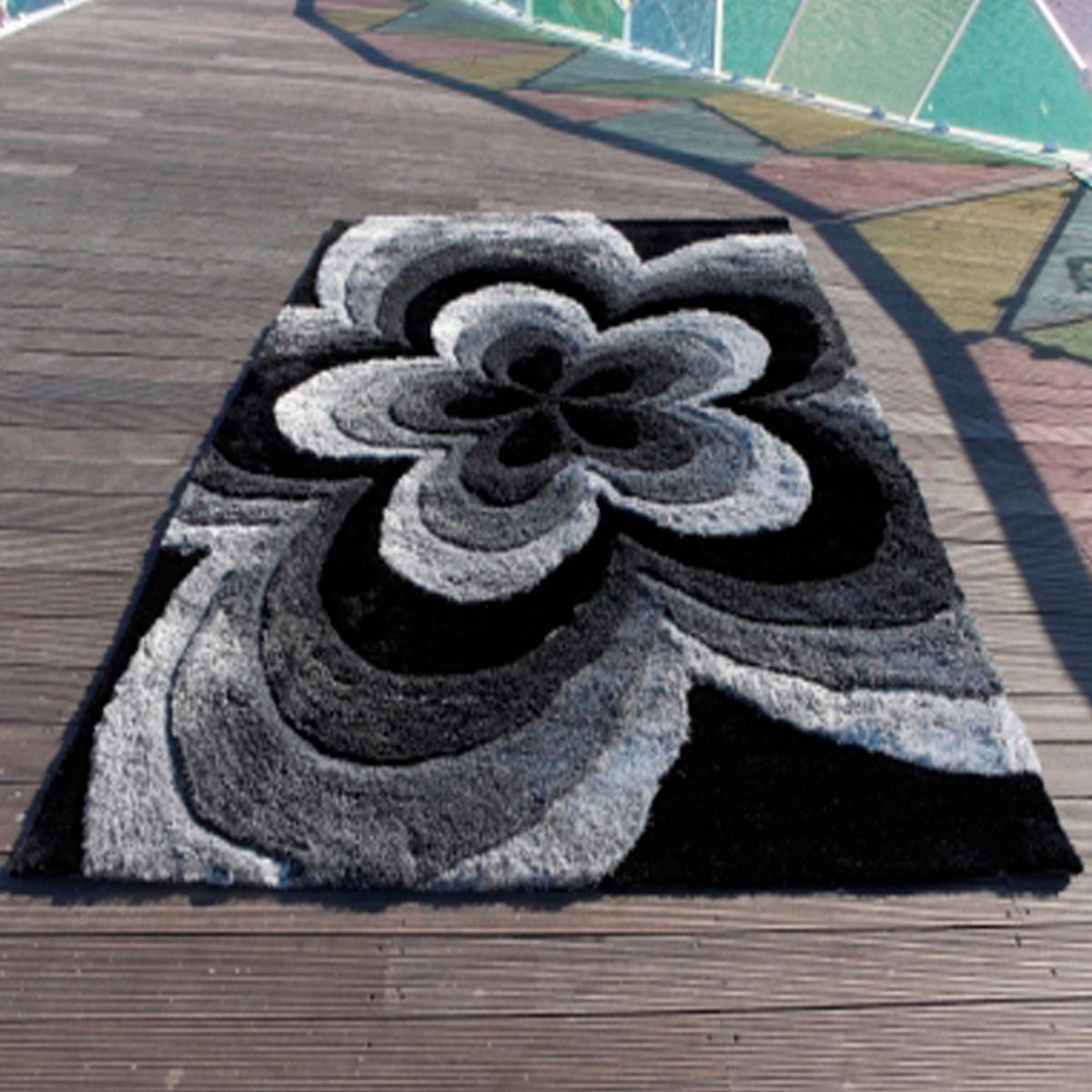 Tapis shaggy 200x300 rectangle fait main gris motif floral 3D | Leroy ...