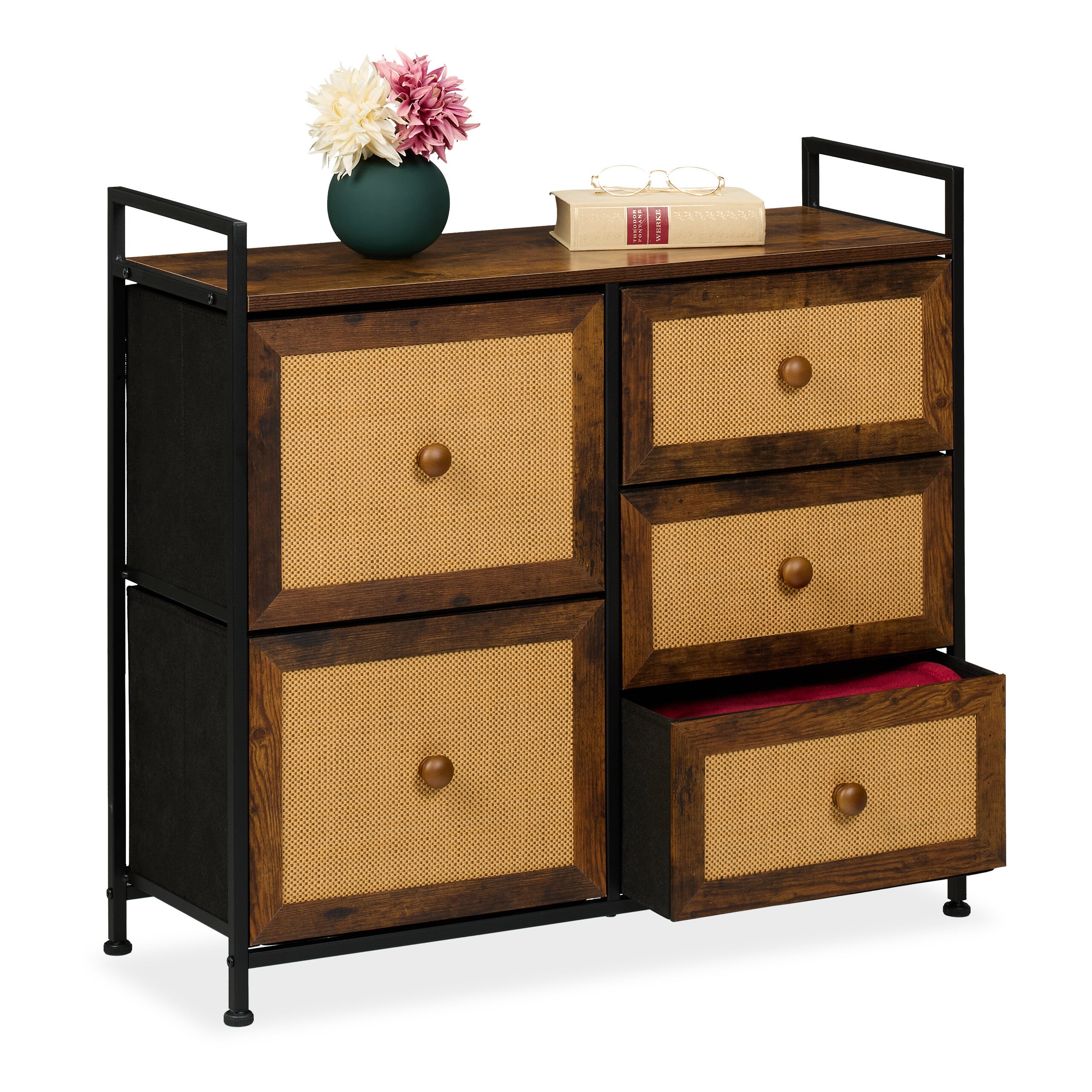 Relaxdays Commode à 5 tirors, aspect rotin, chambre, couloir, HLP ...