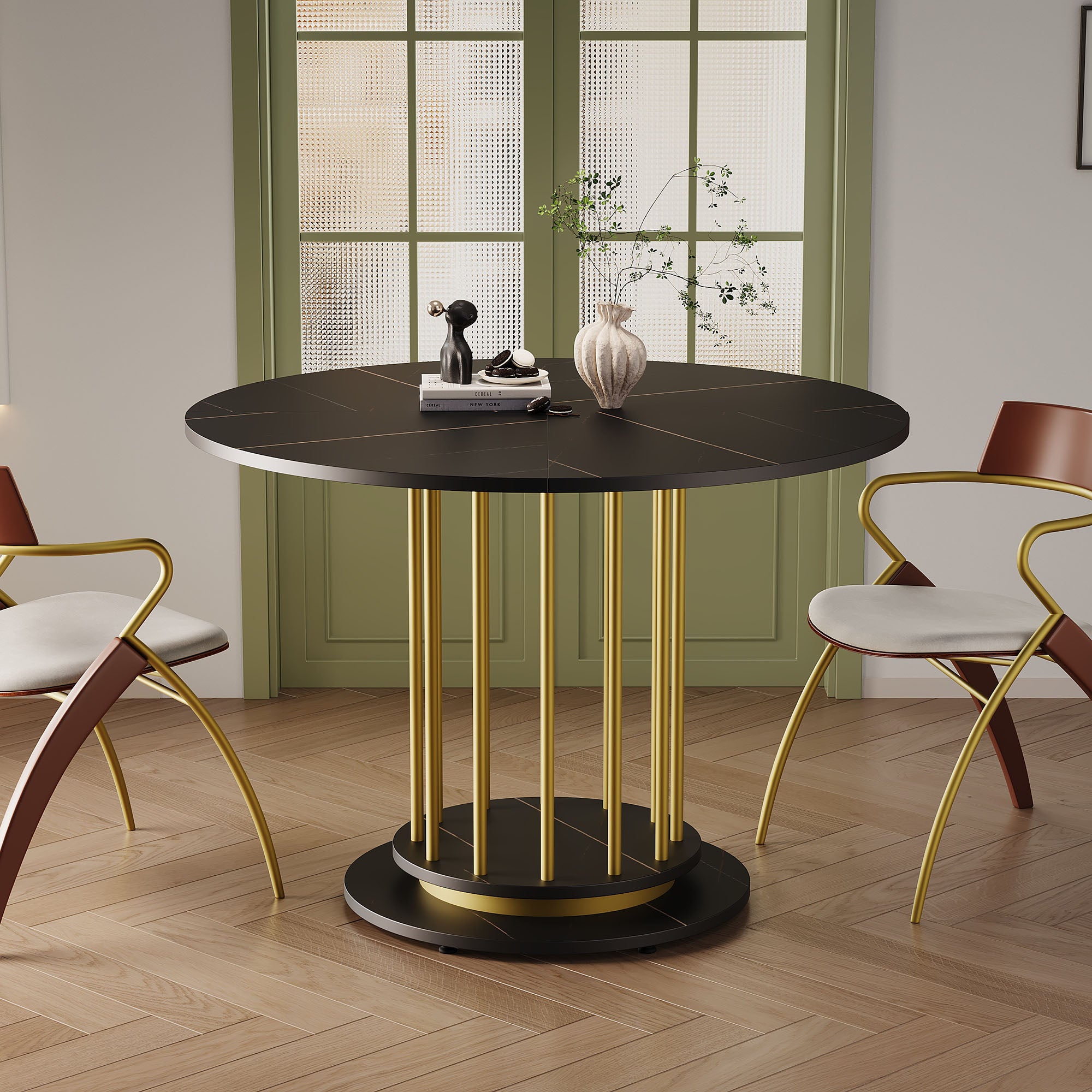 Table ronde Effet Marbre Noir/Doré - Design moderne, structure métal, 2 ...