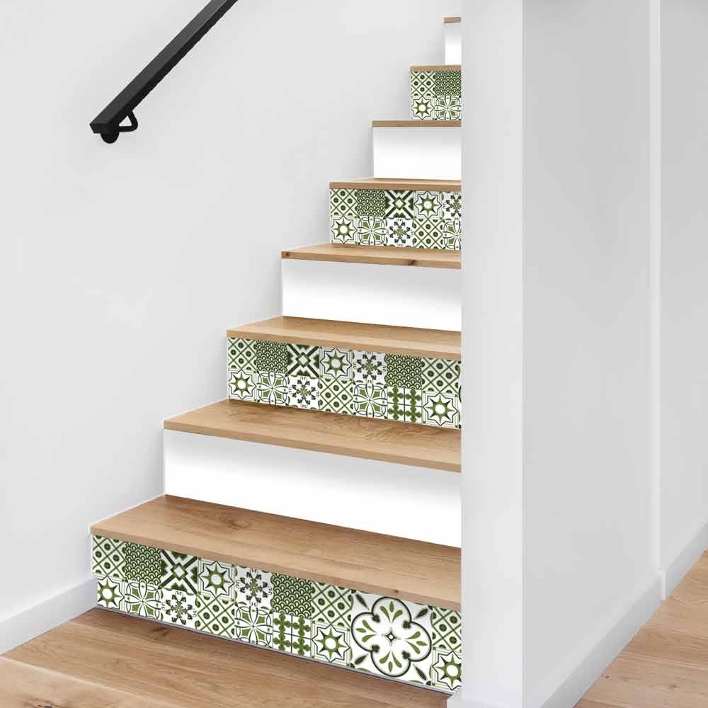 Contremarche mixée ALBAN - Carreaux Ciment Vert - Blanc - L100 x H15 cm ...