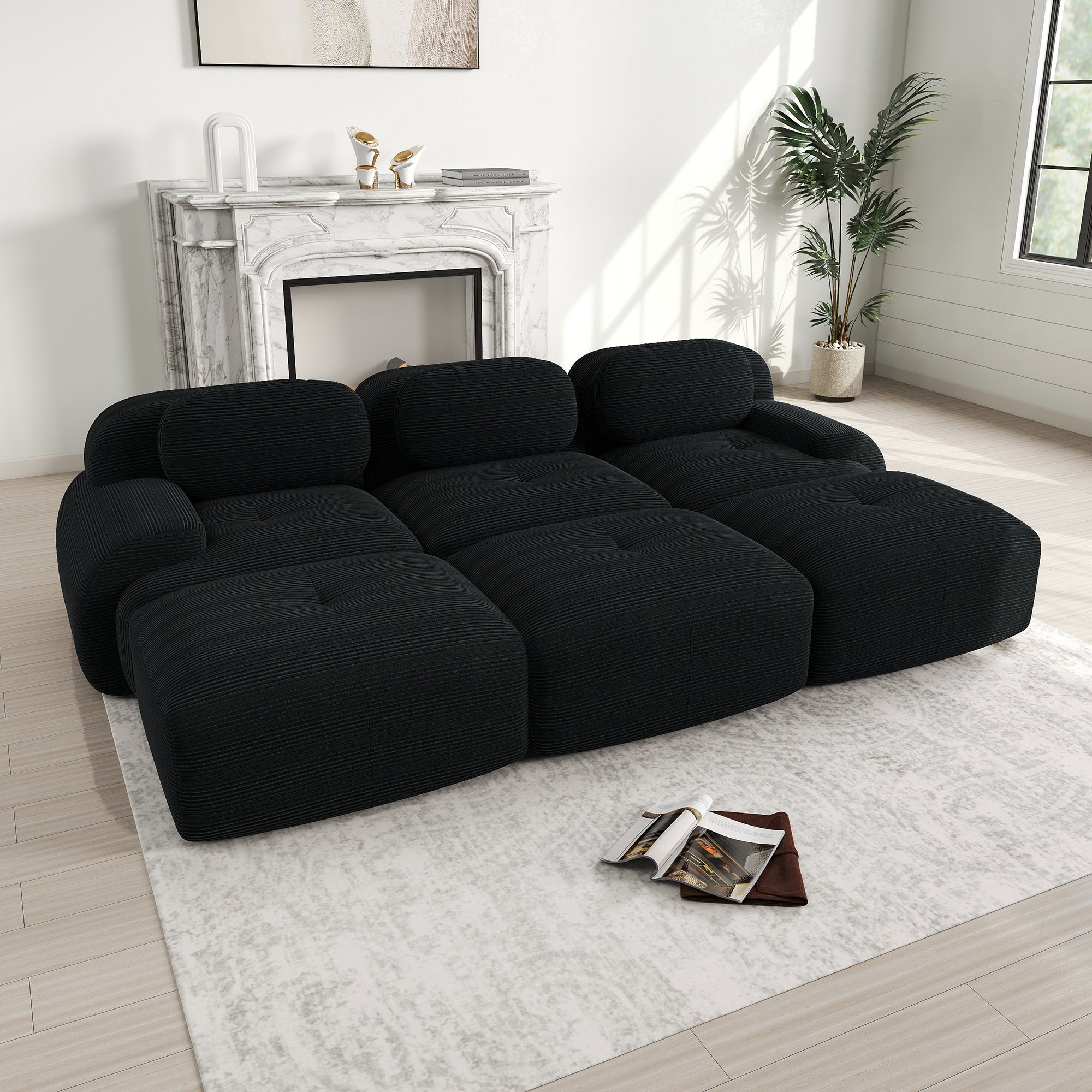 Sofá Esquinero Modular Negro de Pana, Sin Montaje, Apto para Mascotas ...