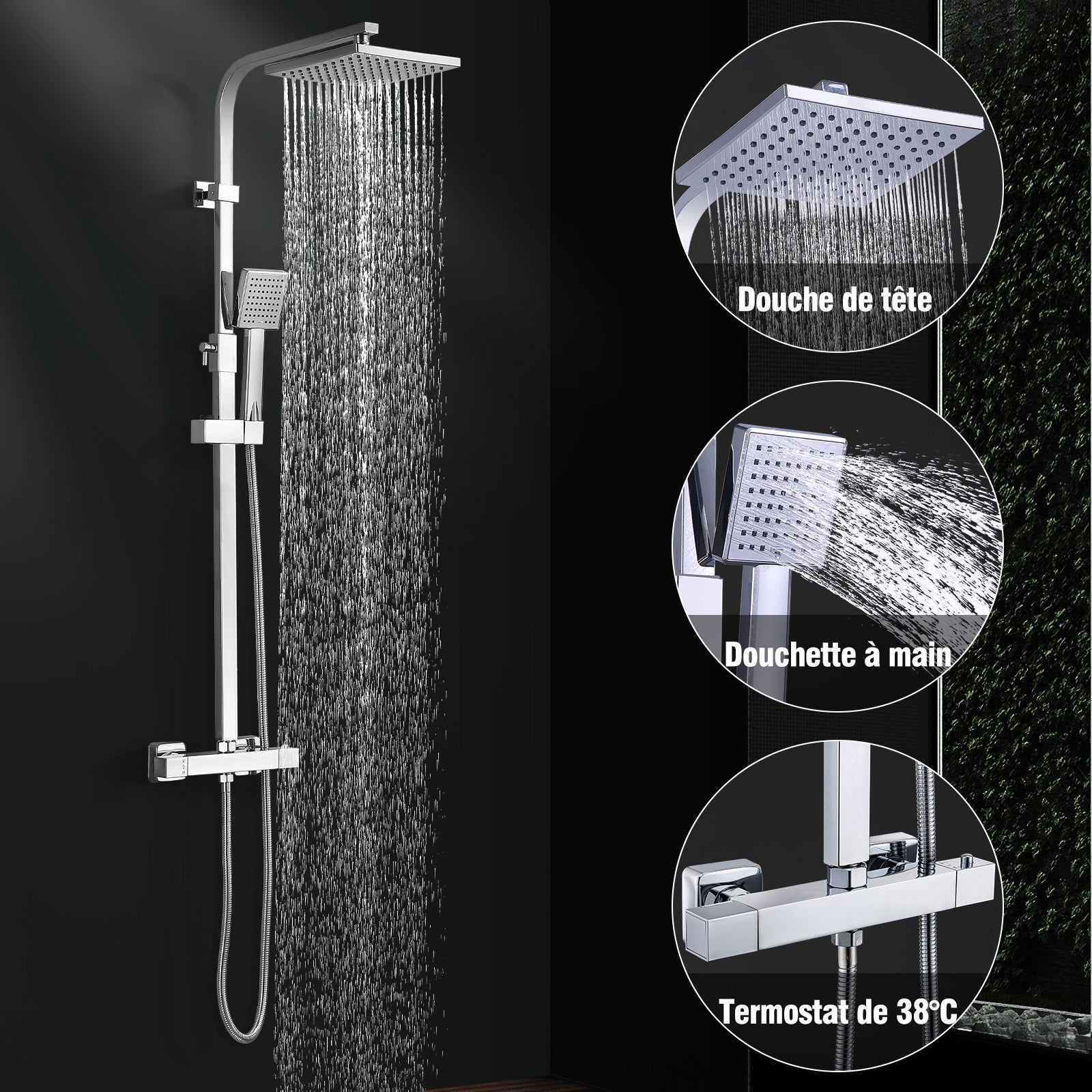 Columna de ducha termostática cromo, juego de ducha de altura ajustable ...