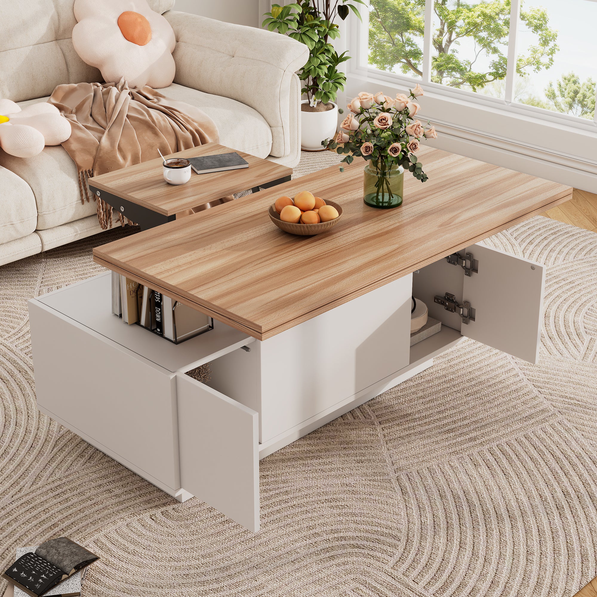 Table basse moderne blanche avec double plateau relevable, rangement ...